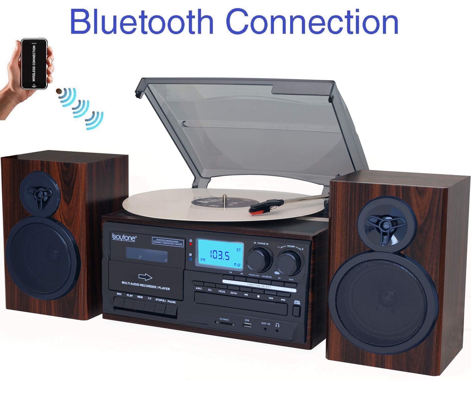 Boytone BT-28MB Bluetooth Record Player & Audio Combo, AM/FM, CD ...
