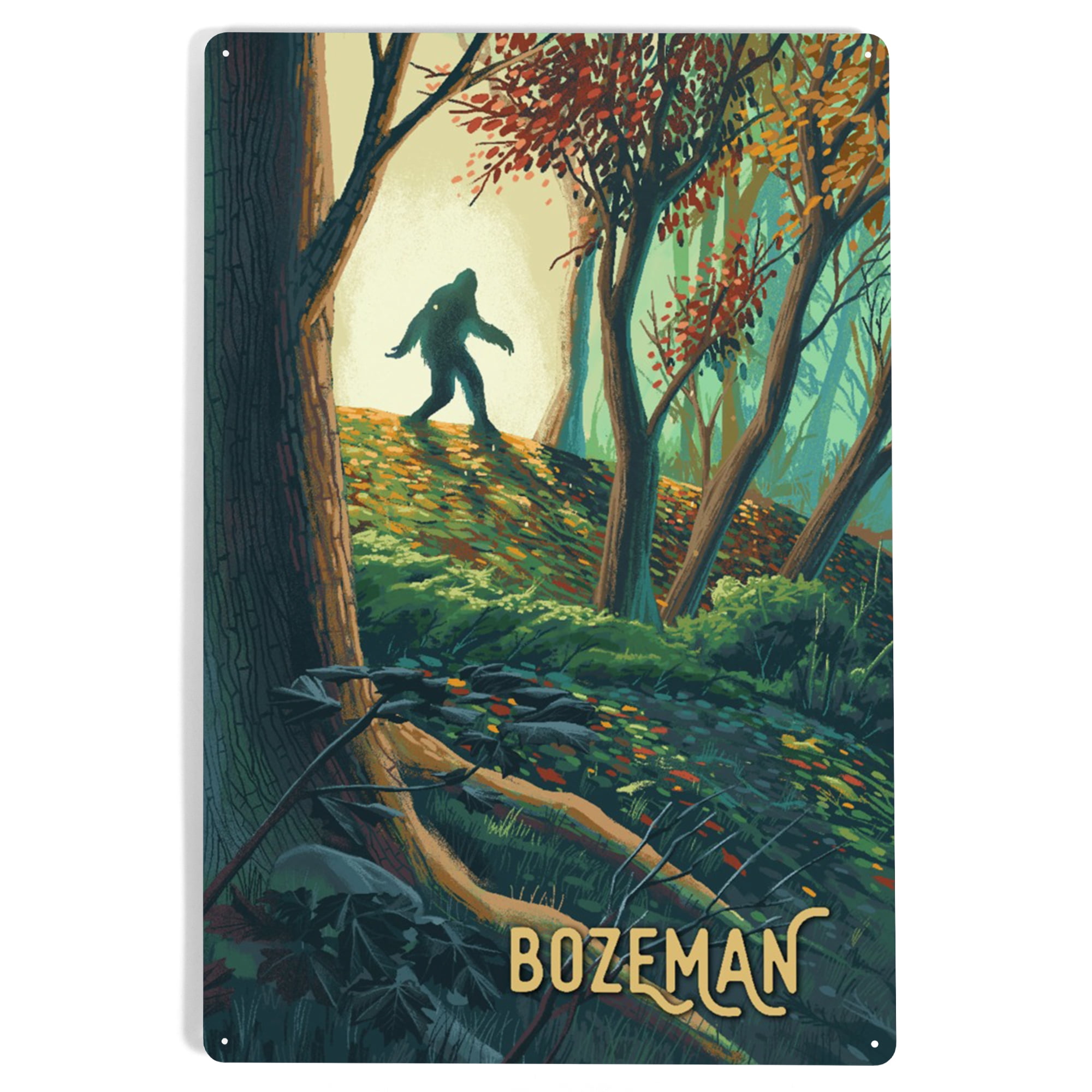 Bozeman, Montana, Wanderer, Bigfoot in Forest (12x18 Aluminum Art ...