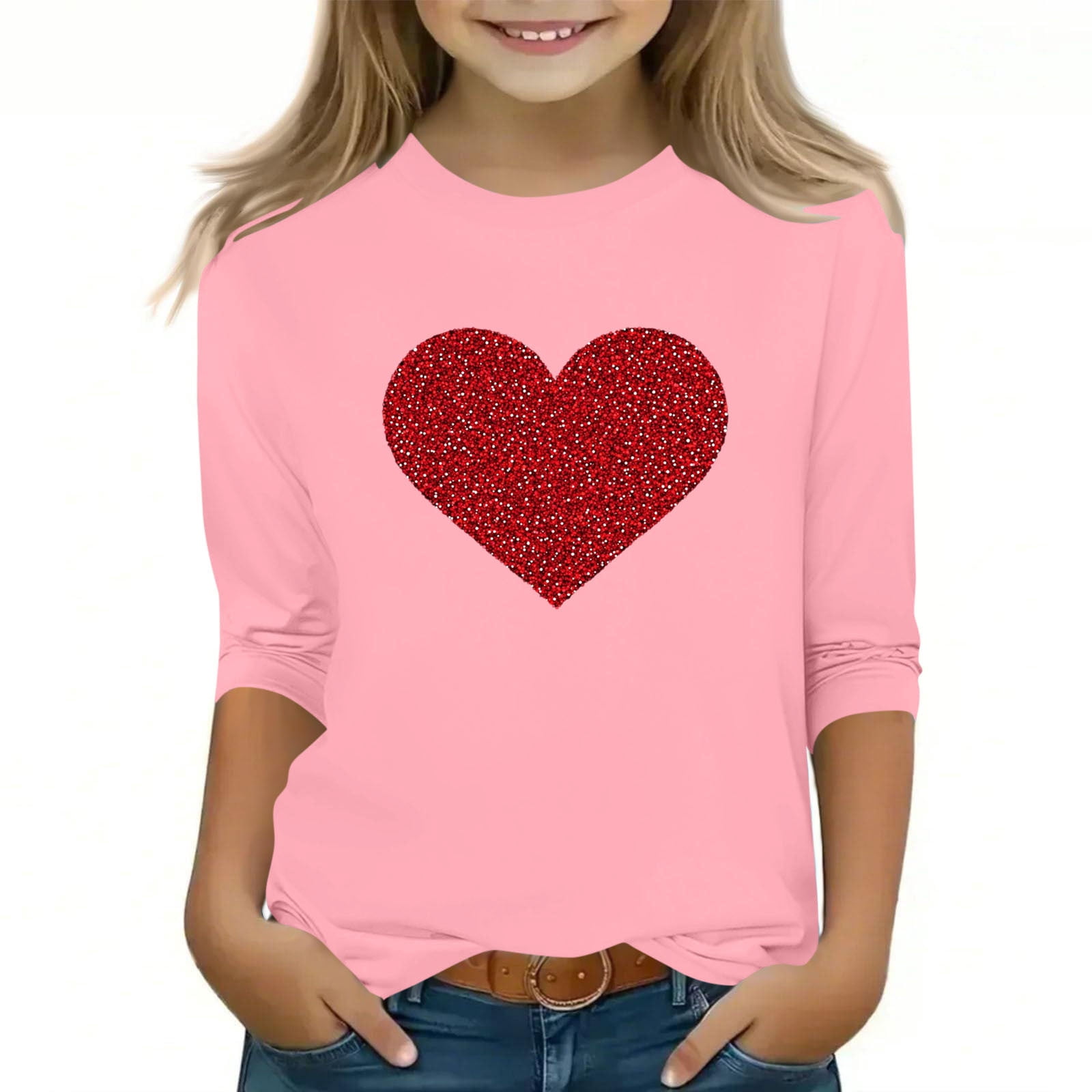 Bpmpbo Big Girls' 3/4 Sleeve Heart Print Round Neck T-Shirt Cute ...
