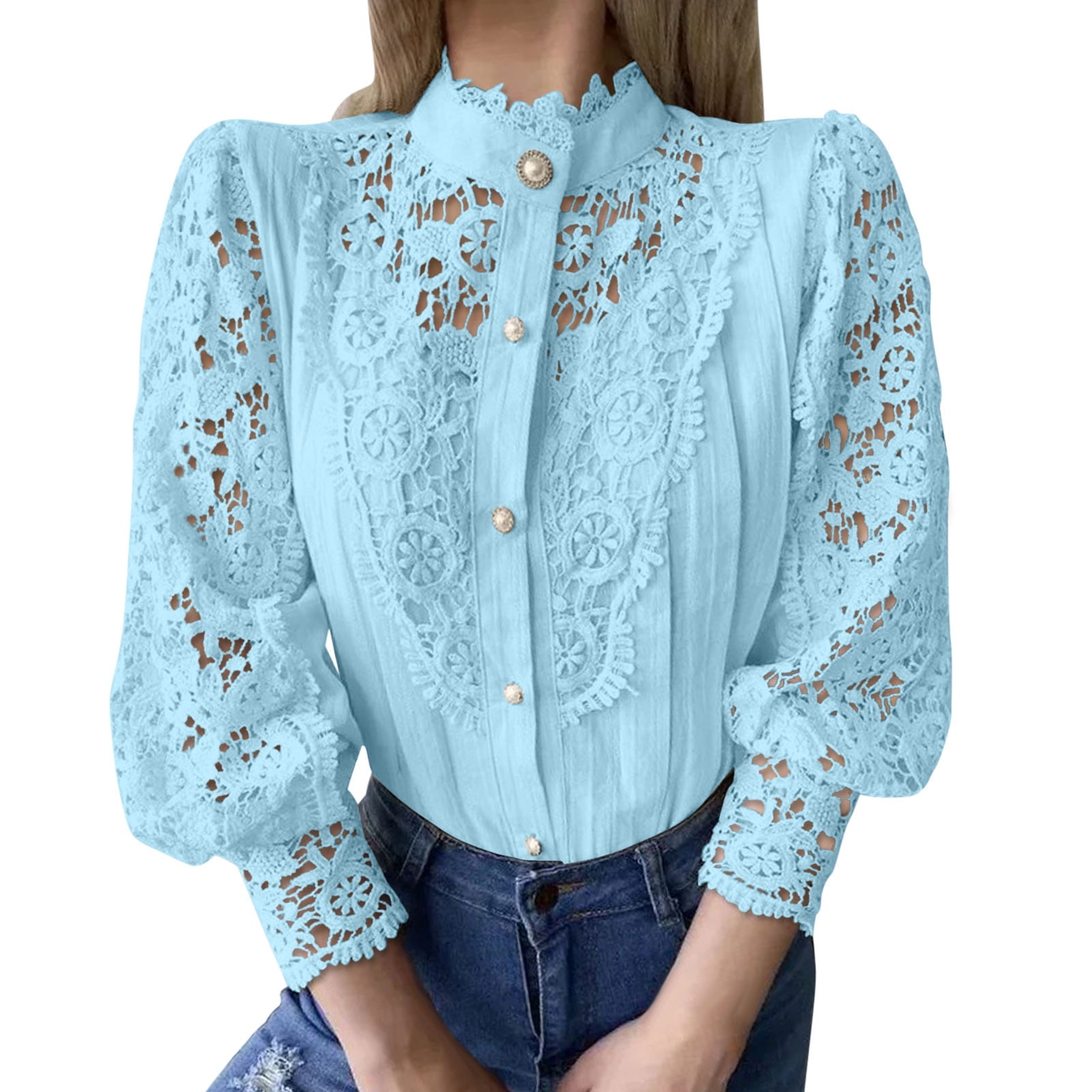 Bpmpbo Dressy Tops for Women Lace Blouse Stand Collar Solid Color ...