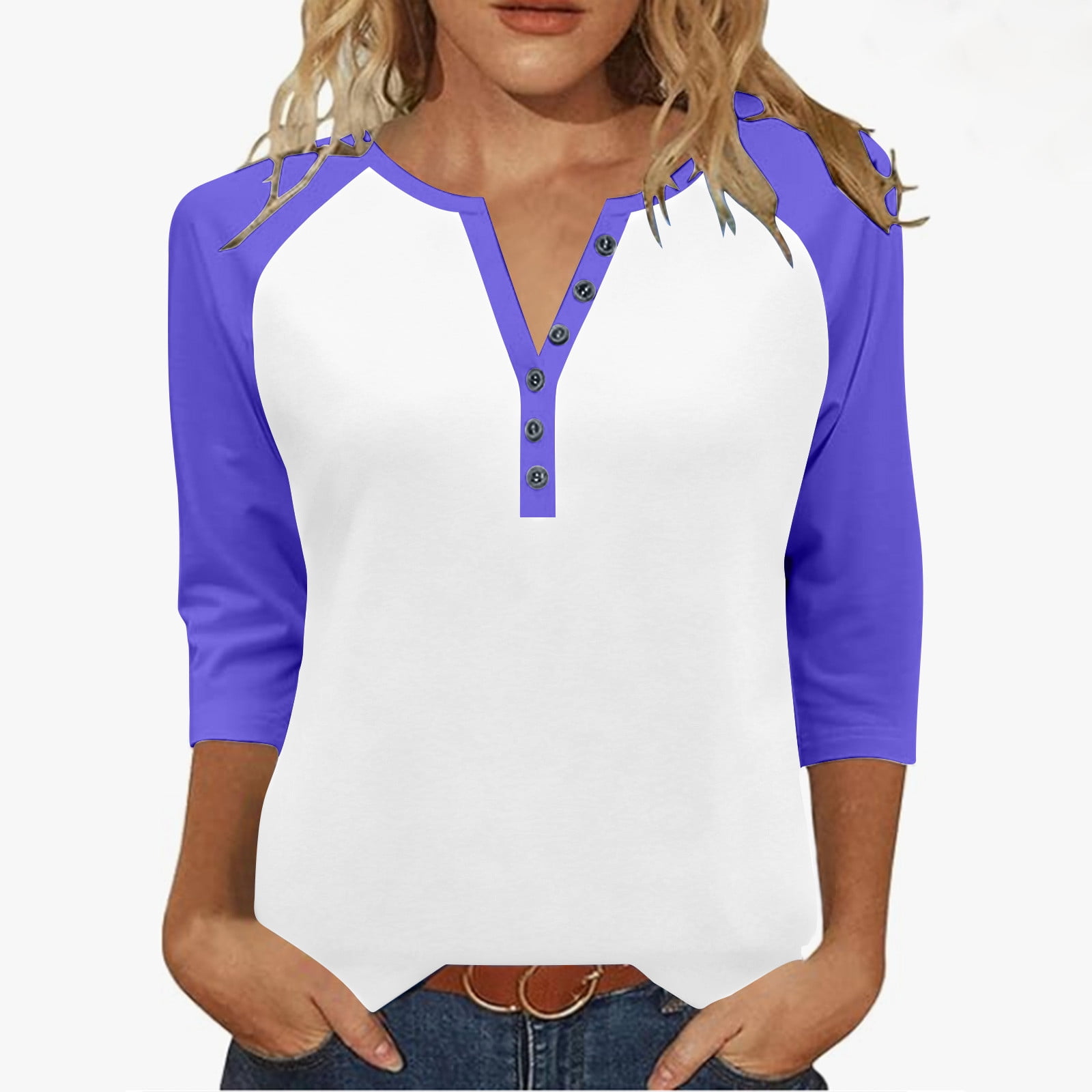Bpmpbo Tops for Women Button V Neck Blouses 3/4 Sleeve T-Shirts Reglan ...