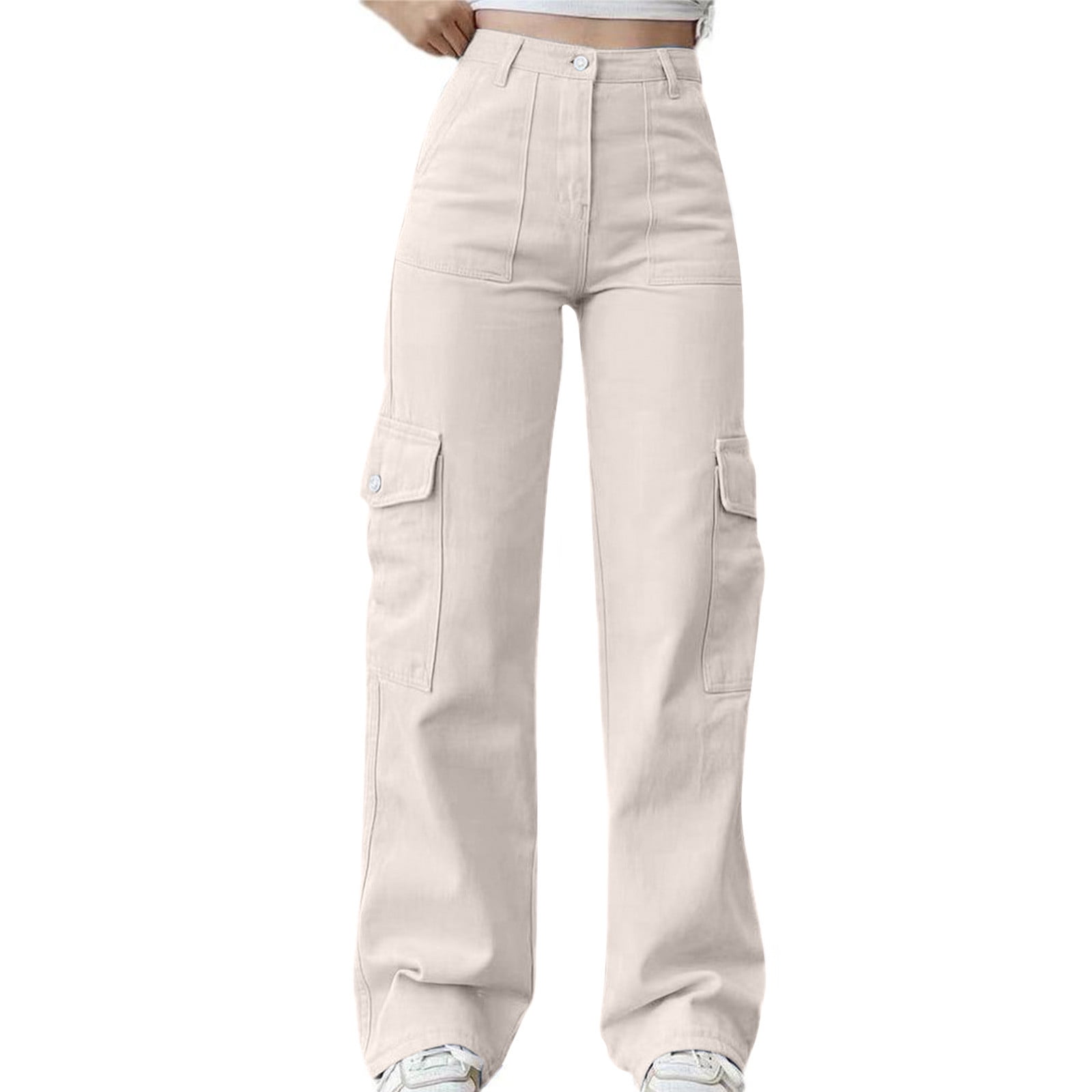 Bpmpbo Women's Cargo Pants High Waisted Buttons Solid Color 4 Pockets ...