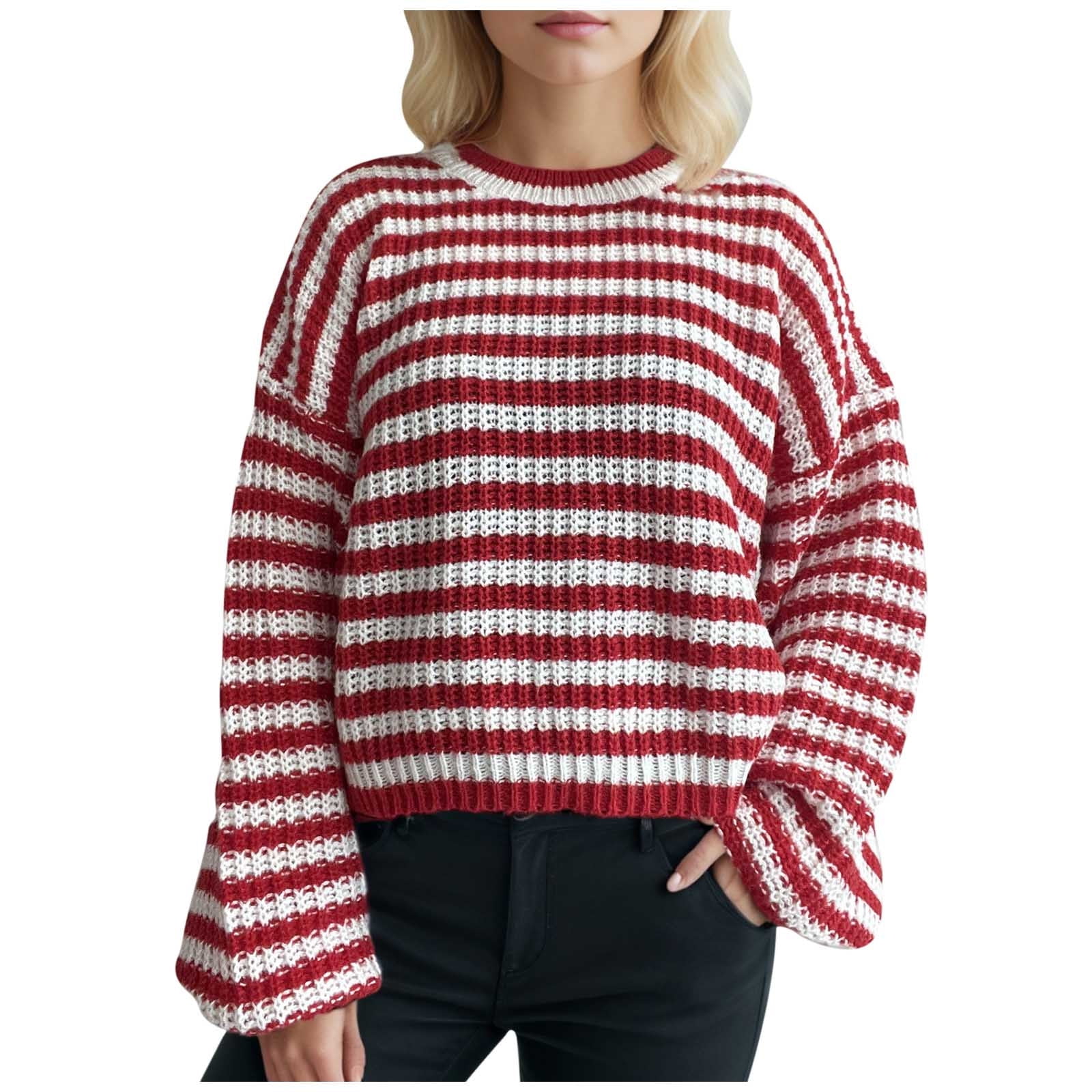 Bpmpbo Women's Color Block Striped Sweater Retro Style Crewneck ...