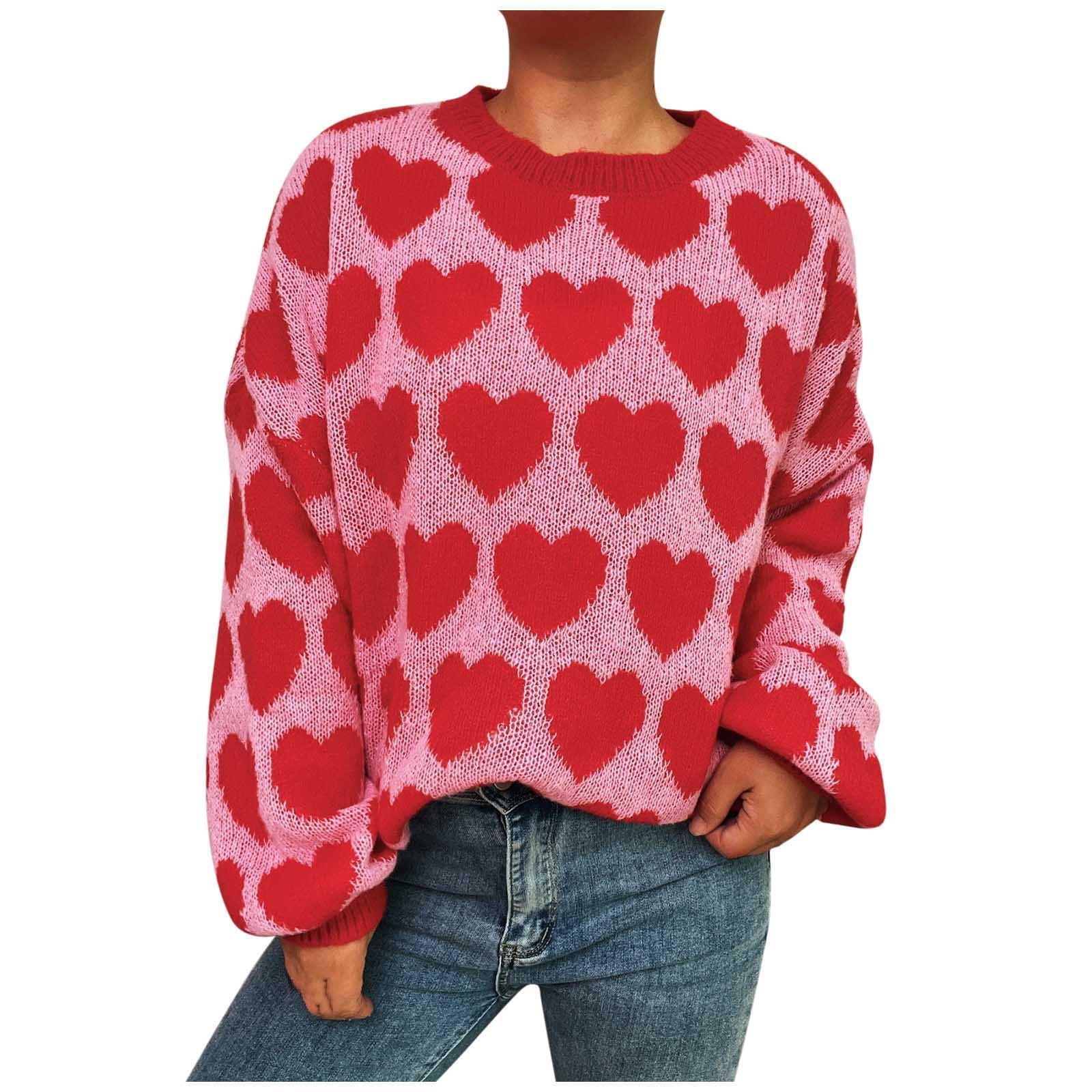 Bpmpbo Women's Heart Print Sweater Retro Style Crewneck Pullover Cozy ...