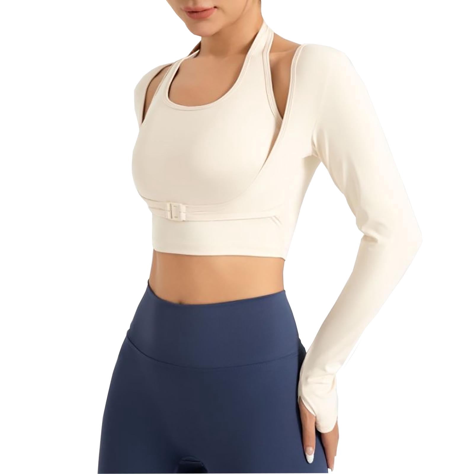 Bpmpbo Women's Long Sleeve Halter Neck Yoga Top Front Hook Crop Top ...