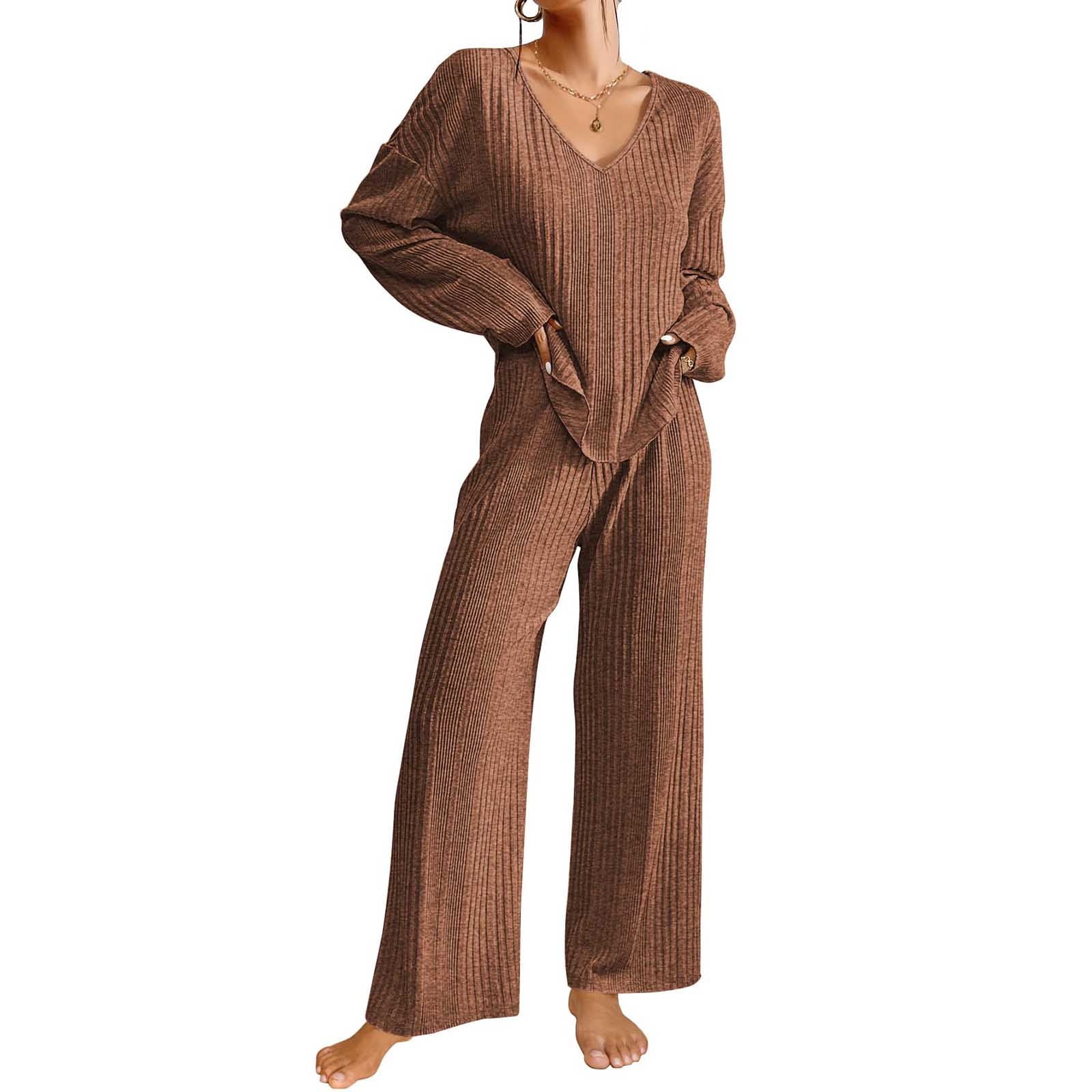 Bpmpbo Women's Two-Piece Ribbed Knit Set Loose Fit Loungewear V-Neck ...