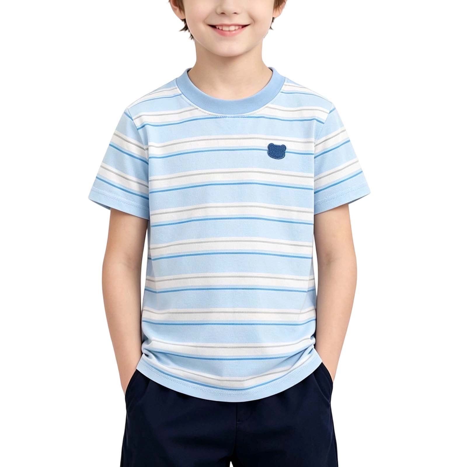 Bpyeka Boys' Striped Short Sleeve T-Shirt, Crew Neck with Bear Patch ...