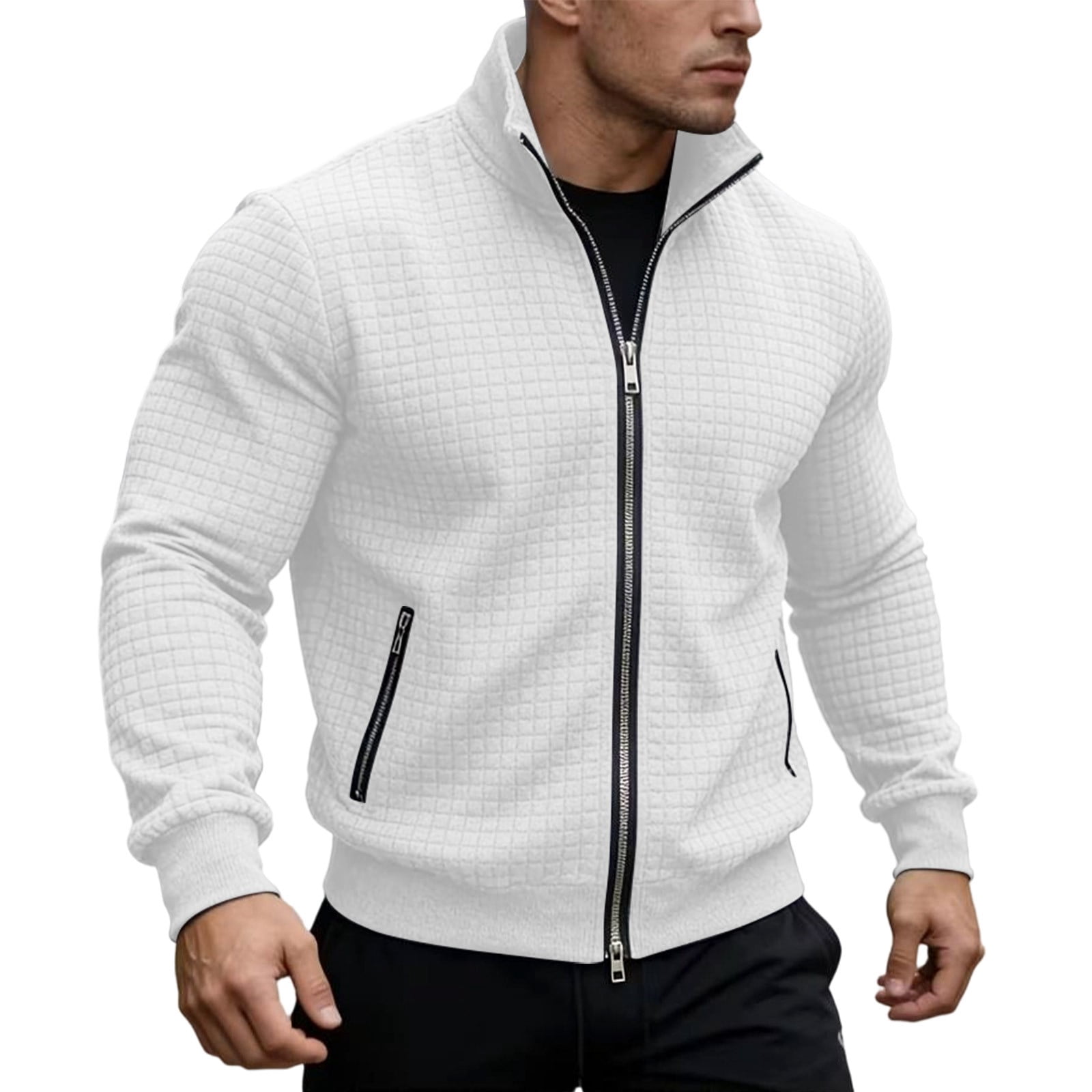 Bpyeka Men's Casual Long Sleeve Jacket, Full-Zip Stand Collar, Grid ...