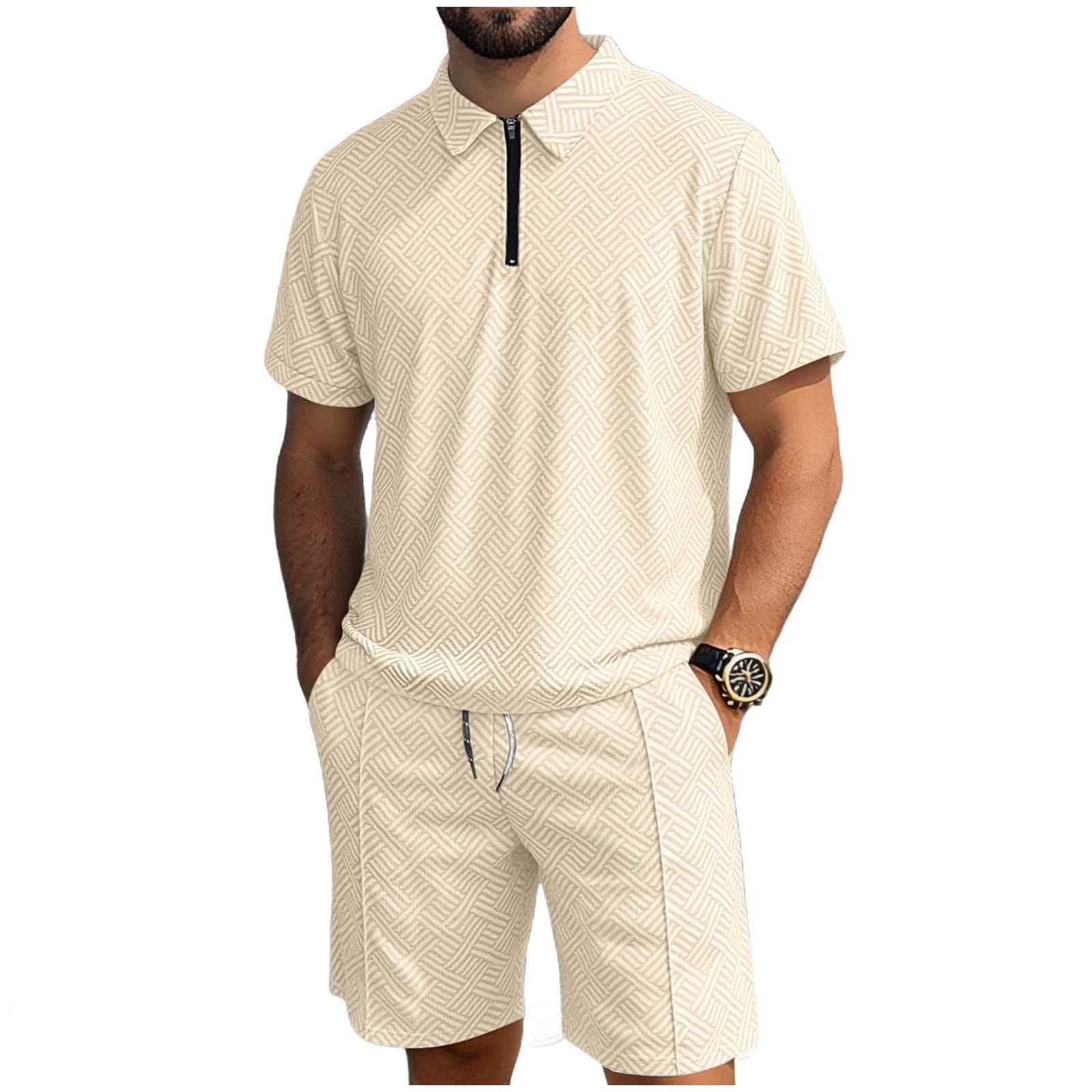 Bpyeka Men's Casual Printed Two-Piece Set, Quarter-Zip Collared Top ...