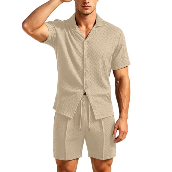 Bpyeka Men's Casual Two-Piece Set, Camp Collar Button-Down Shirt ...