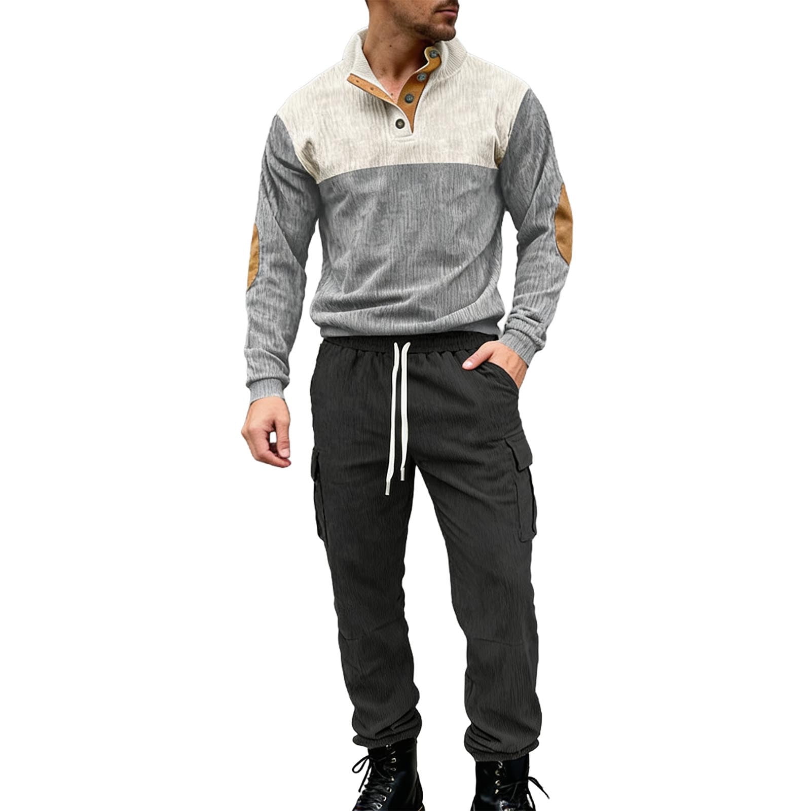 Bpyeka Men's Corduroy 2 Piece Set Color Block Half Button Stand Collar ...
