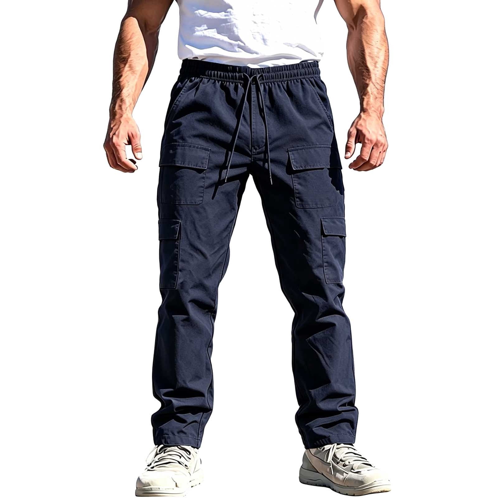 Bpyeka Men's Elastic Waist Drawstring Cargo Pants, Multi-Pocket Solid ...