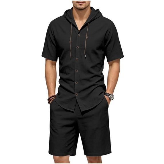 Bpyeka Men's Linen Full Button Hooded Two-Piece Outfit, Short Sleeve ...