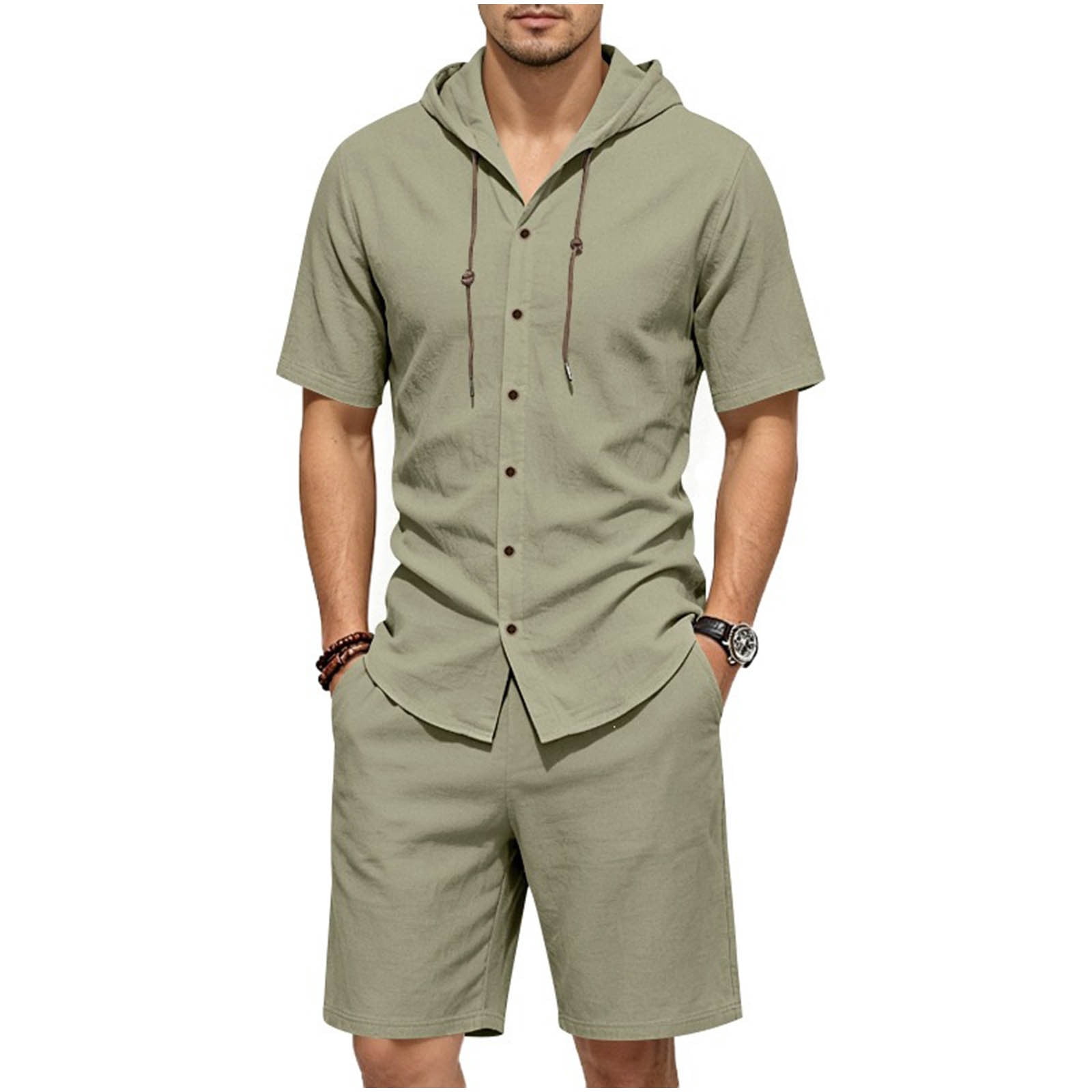 Bpyeka Men's Linen Full Button Hooded Two-Piece Outfit, Short Sleeve ...