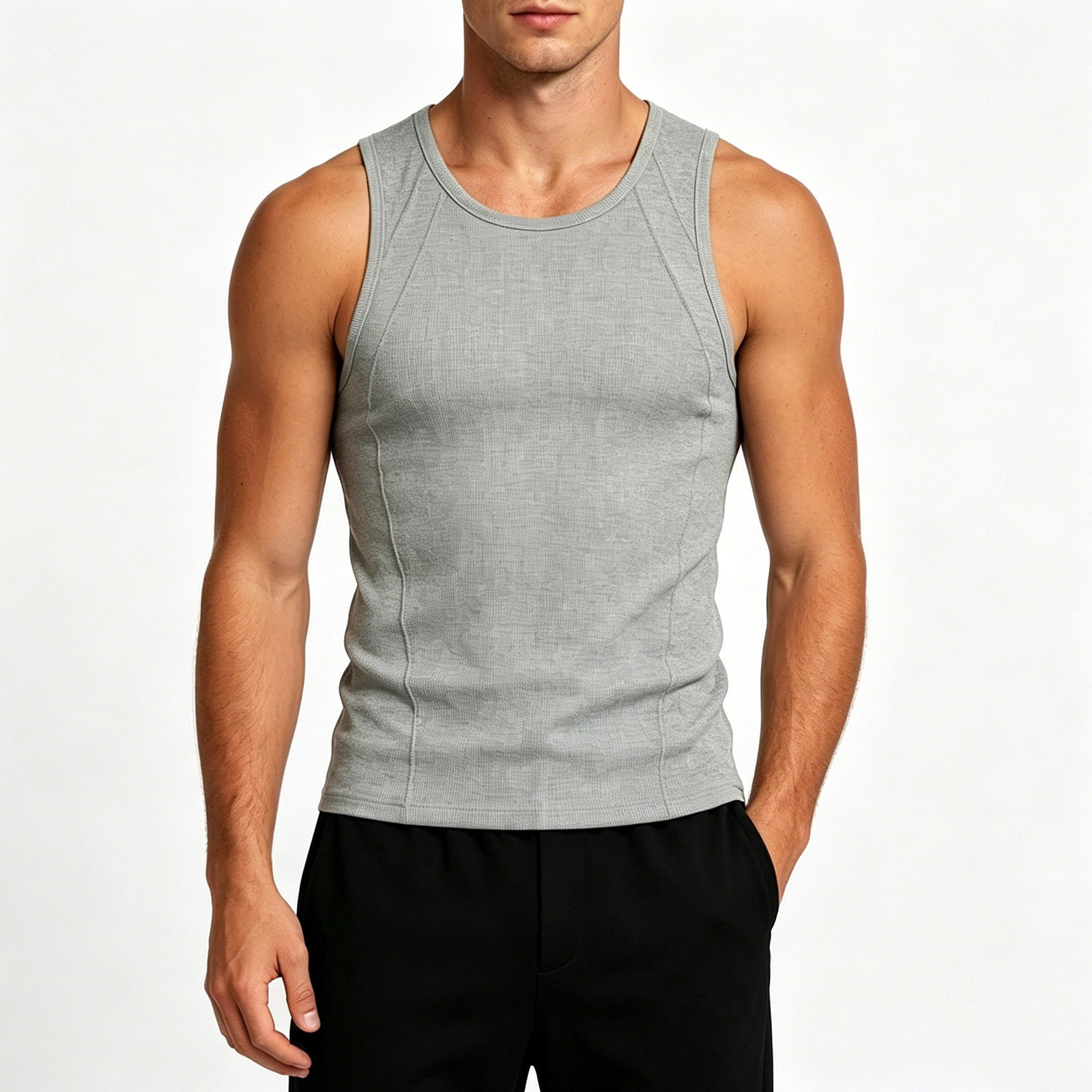 Bpyeka Men's Ribbed Knit Seamed Tank Tops, Crew Neck Stitch Panel ...