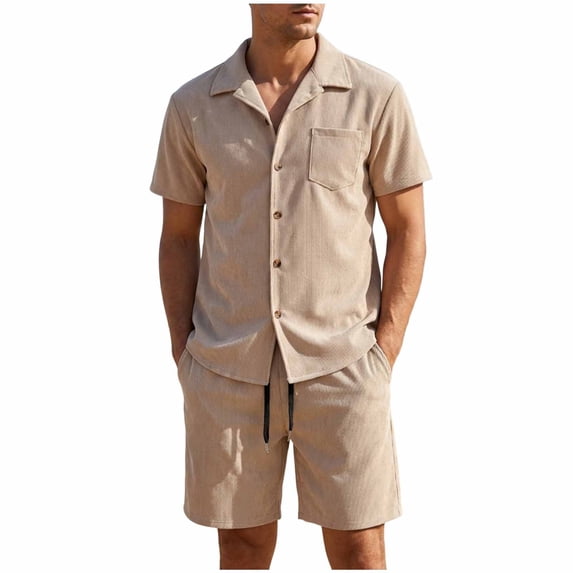 Bpyeka Men's Solid Button-Down Collar Two-Piece Outfit, Short Sleeve ...