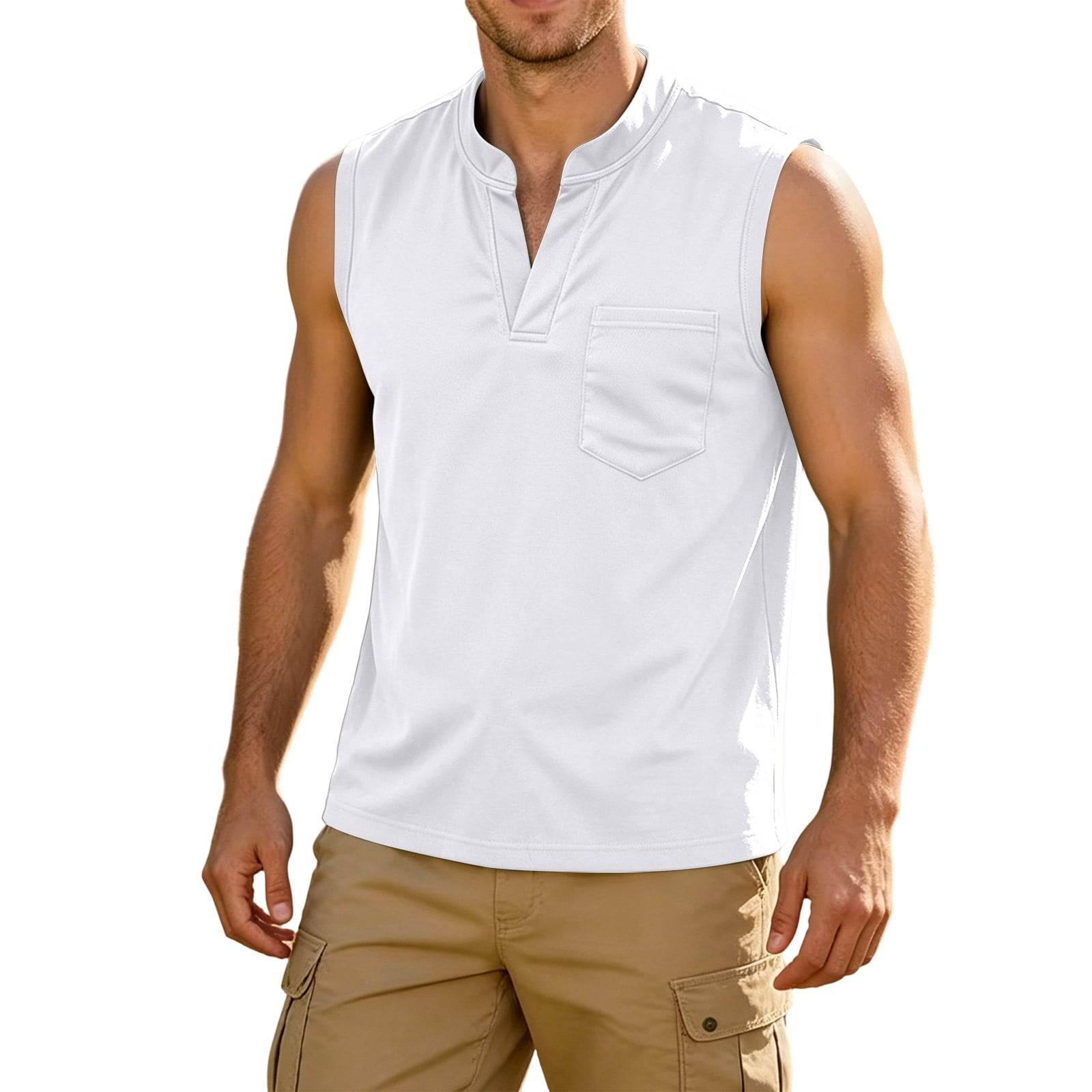 Bpyeka Men's Split Notch V Neck Sleeveless Tank Tops, Chest Pocket ...