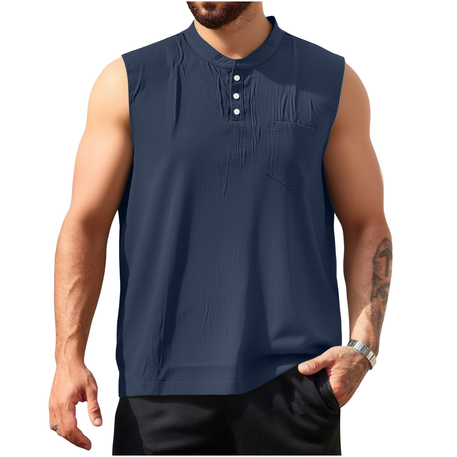 Bpyeka Men's Stand Notch V Neck Henley Tank Tops, Lightweight Linen ...