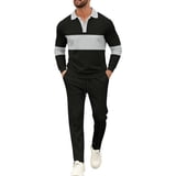 Bpyeka Men's Waffle Fabric 2 Piece Set Color Block Lapel Long Sleeve ...