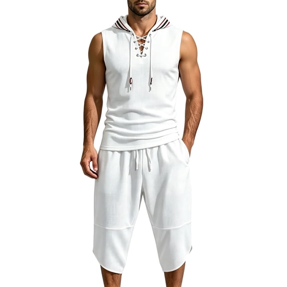 Bpyeka Men's Waffle-Knit Sleeveless Hooded Two-Piece Outfit, Lace-Up ...