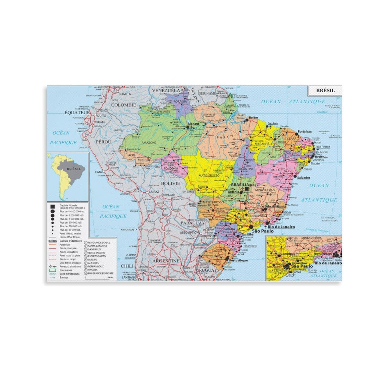 Bra-zil Map Posters Poster Decorative Painting Canvas Wall Art Living ...