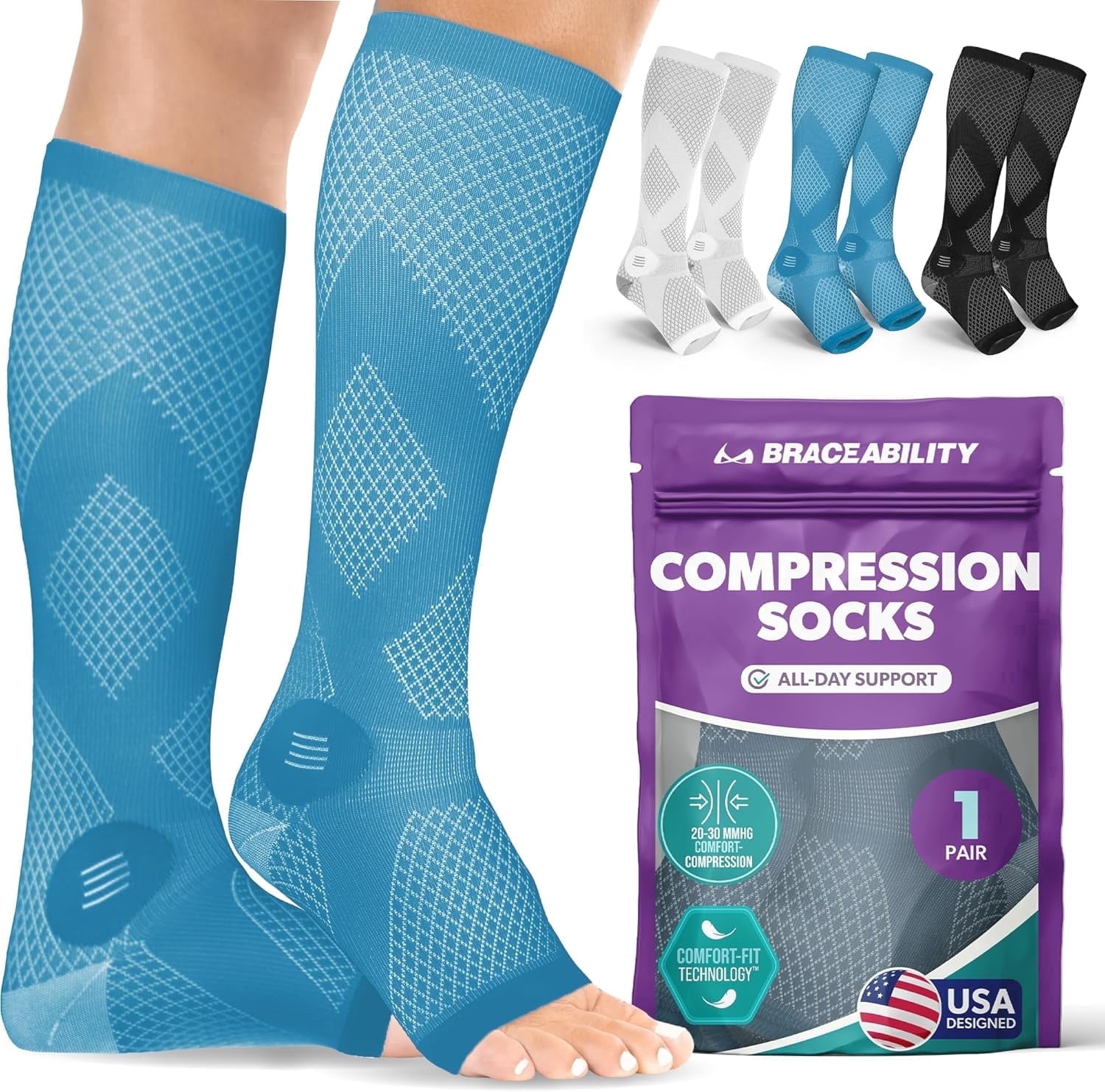 BraceAbility Open Toe Knee High Compression Socks 20-30 mmHg for ...