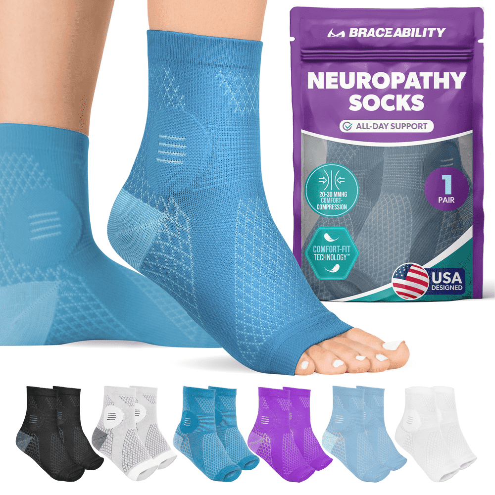 BraceAbility Neuropathy Compression Socks, Open Toe Foot Sleeves for ...