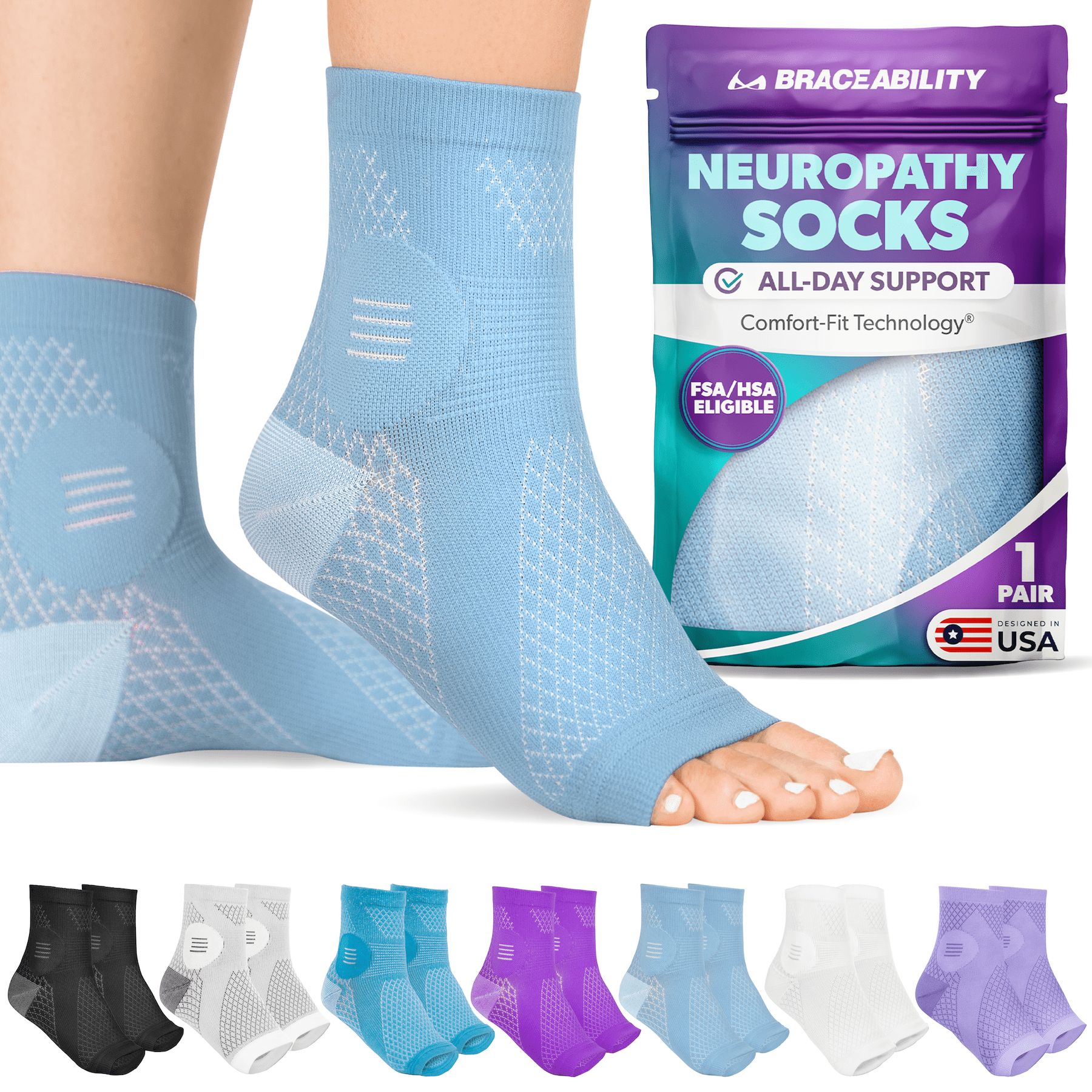 BraceAbility Neuropathy Socks - Open-Toe Compression Foot Sleeves for ...