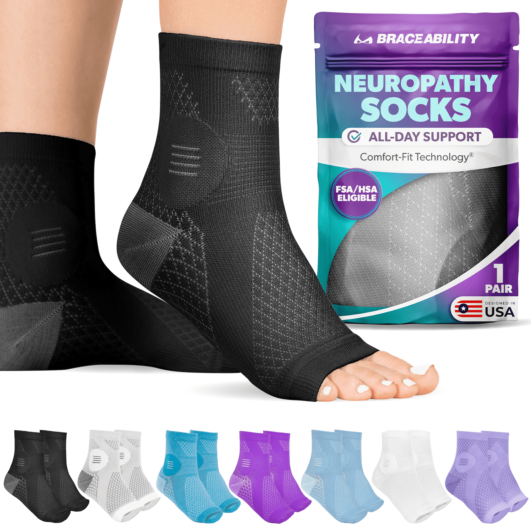 BraceAbility Neuropathy Compression Socks 20-30 mmHg Open Toe ...
