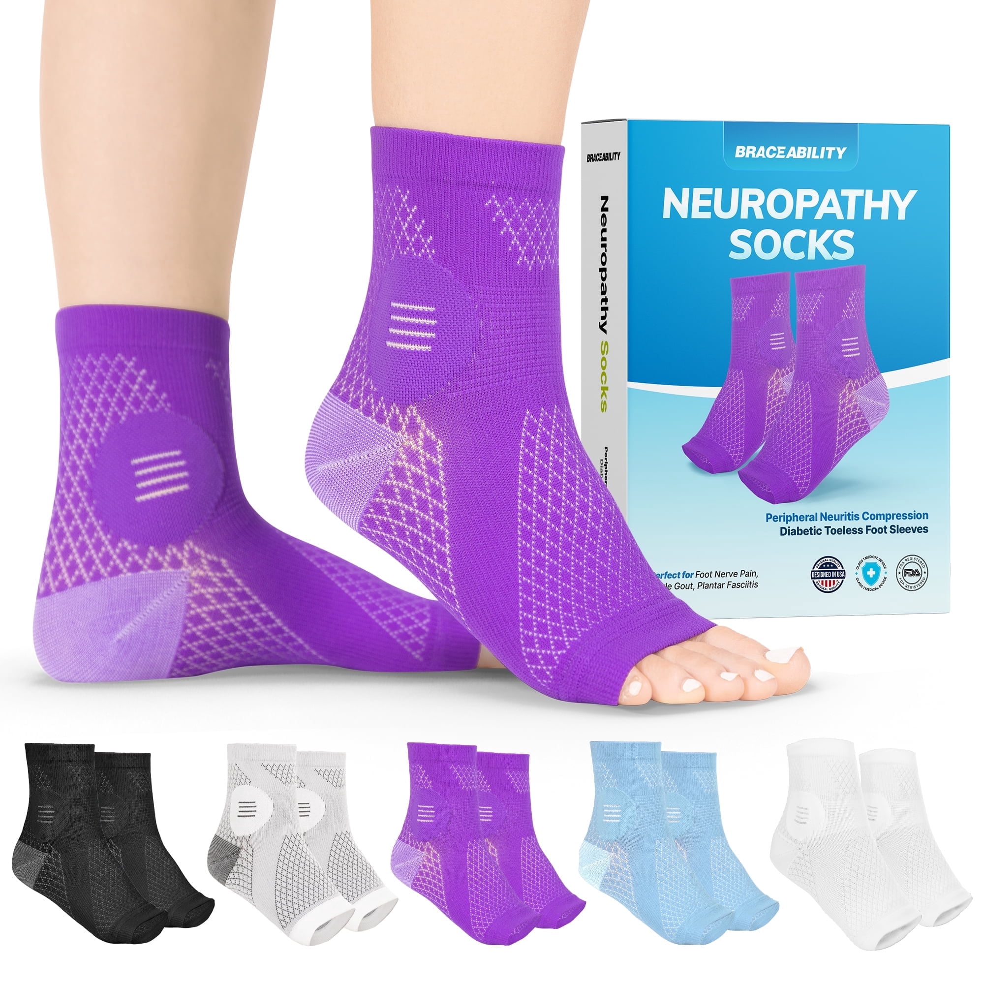 BraceAbility Neuropathy Socks - Open-Toe Compression Foot Sleeves for ...