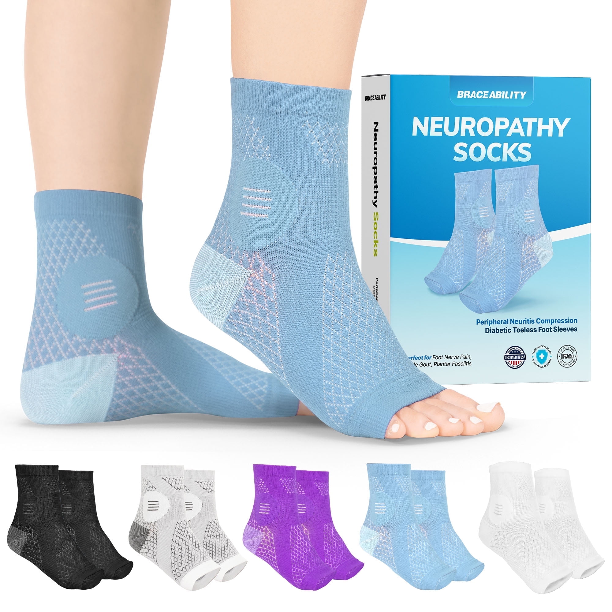 BraceAbility Neuropathy Socks - Open-Toe Compression Foot Sleeves for ...
