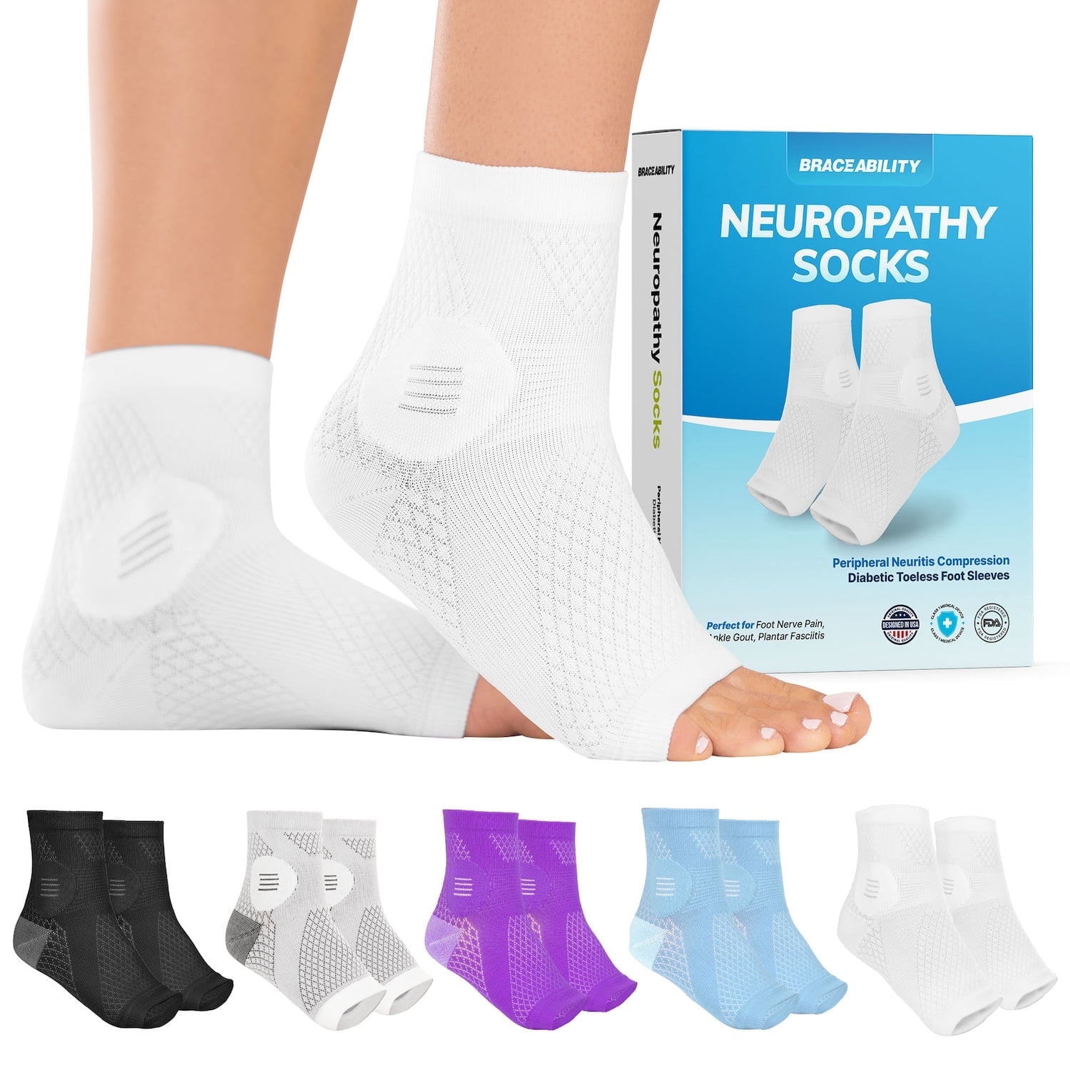 BraceAbility Neuropathy Socks - Open-Toe Compression Foot Sleeves for ...