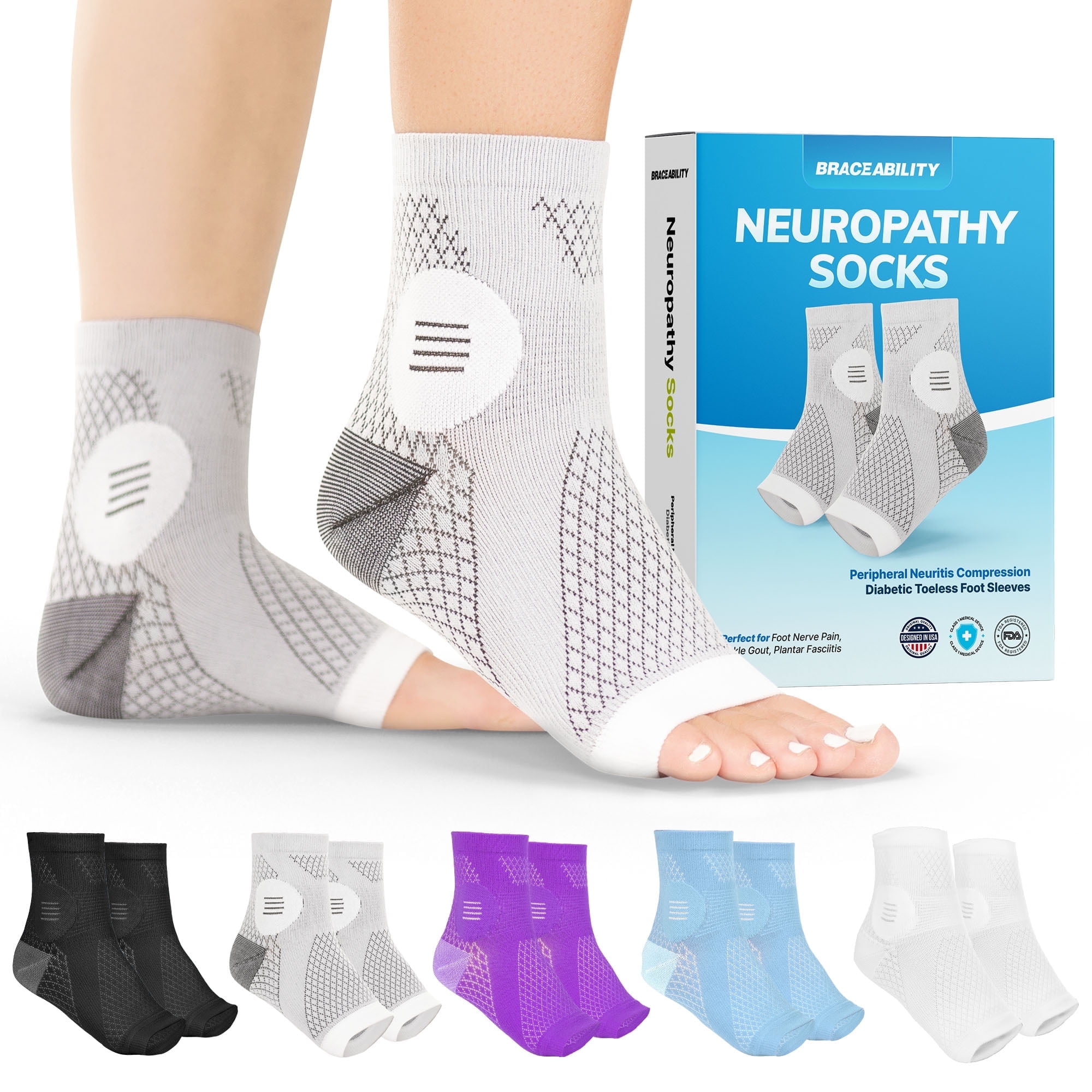 BraceAbility Neuropathy Socks - Open-Toe Compression Foot Sleeves for ...