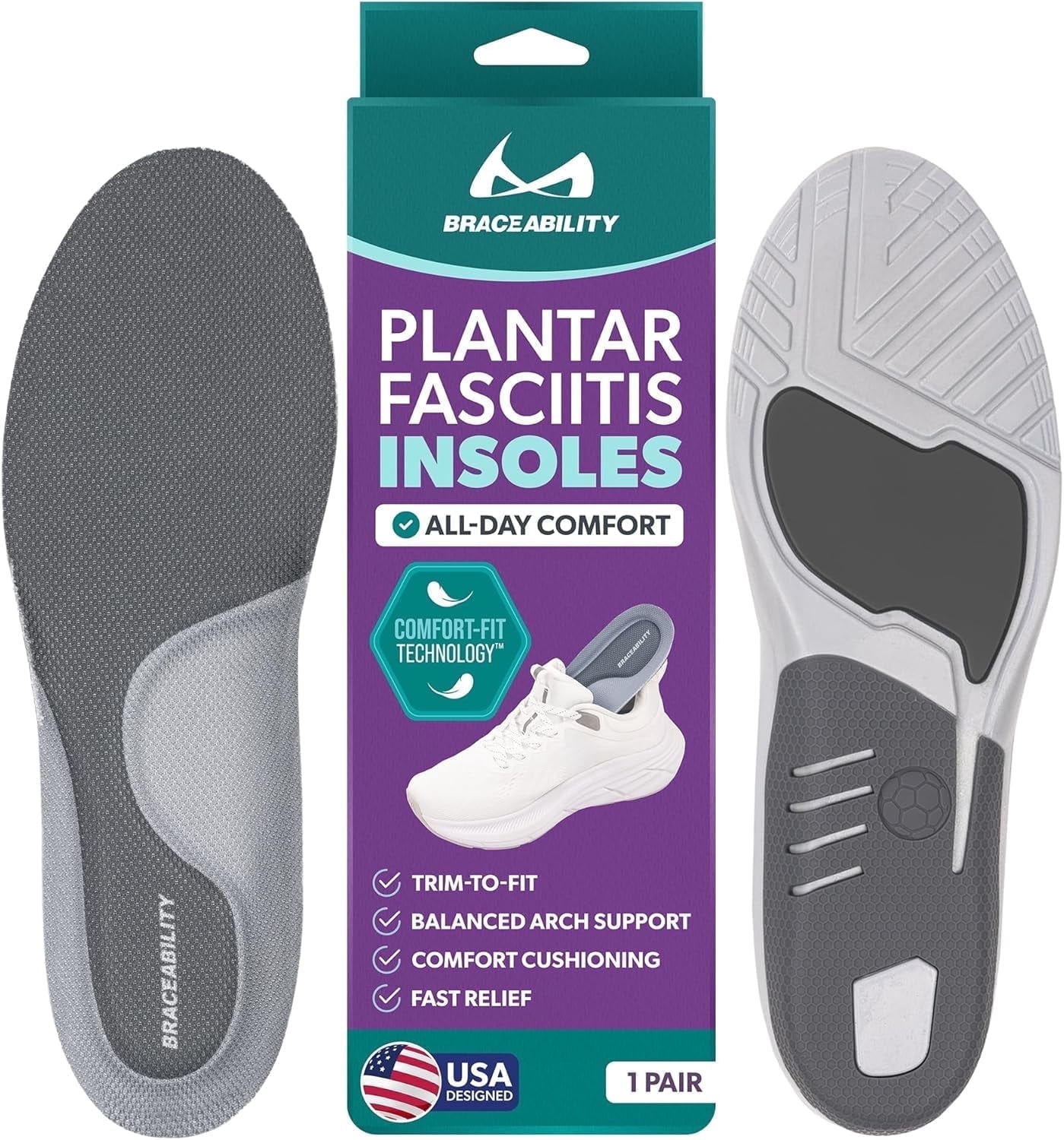BraceAbility Plantar Fasciitis Arch Support Insoles with Gel Pads ...