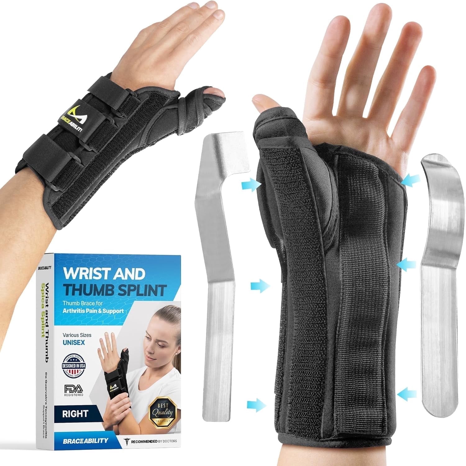 BraceAbility Thumb Spica Splint for De Quervains Tenosynovitis, Wrist ...
