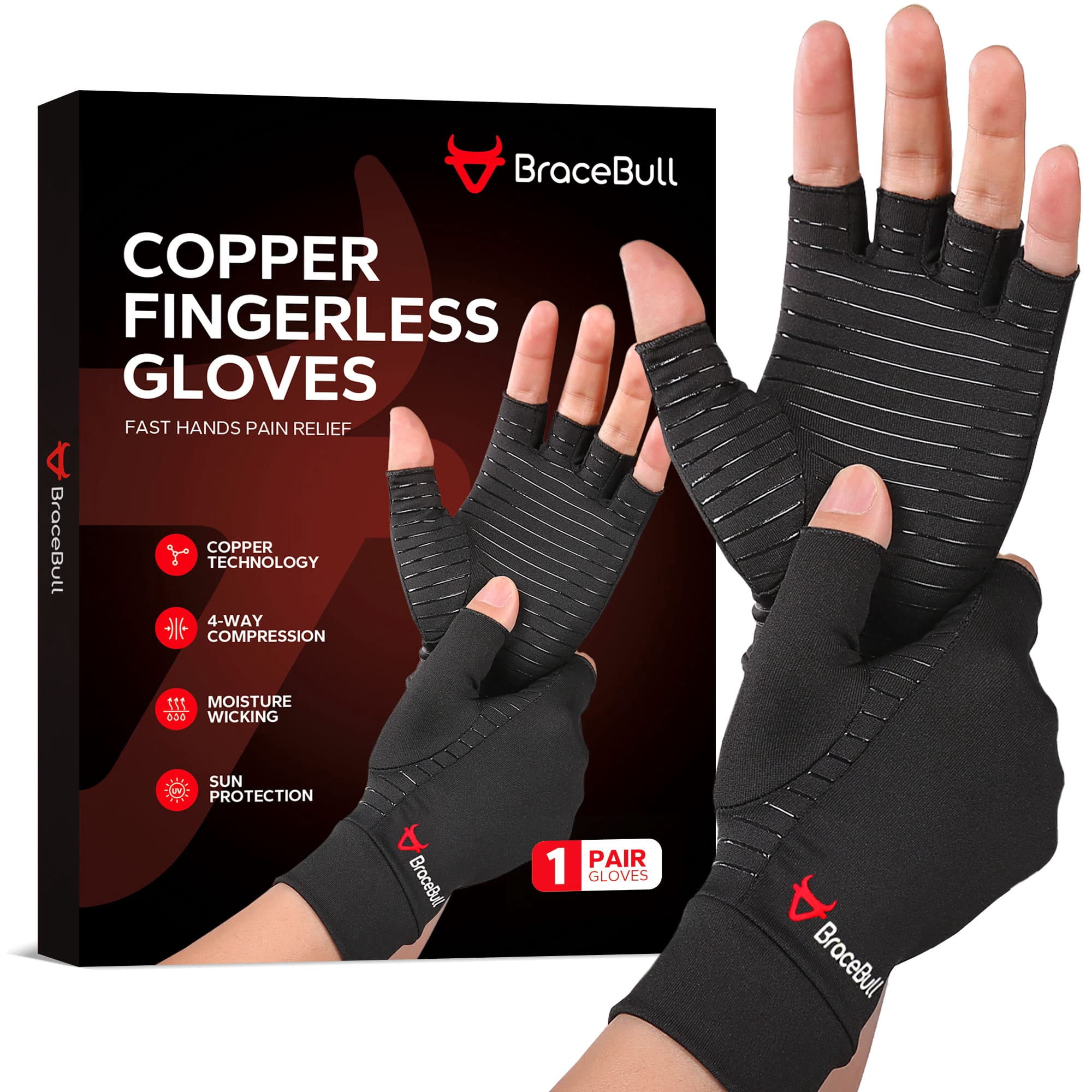 BraceBull Arthritis Gloves (1 Pair), Copper Infused Compression Gloves ...