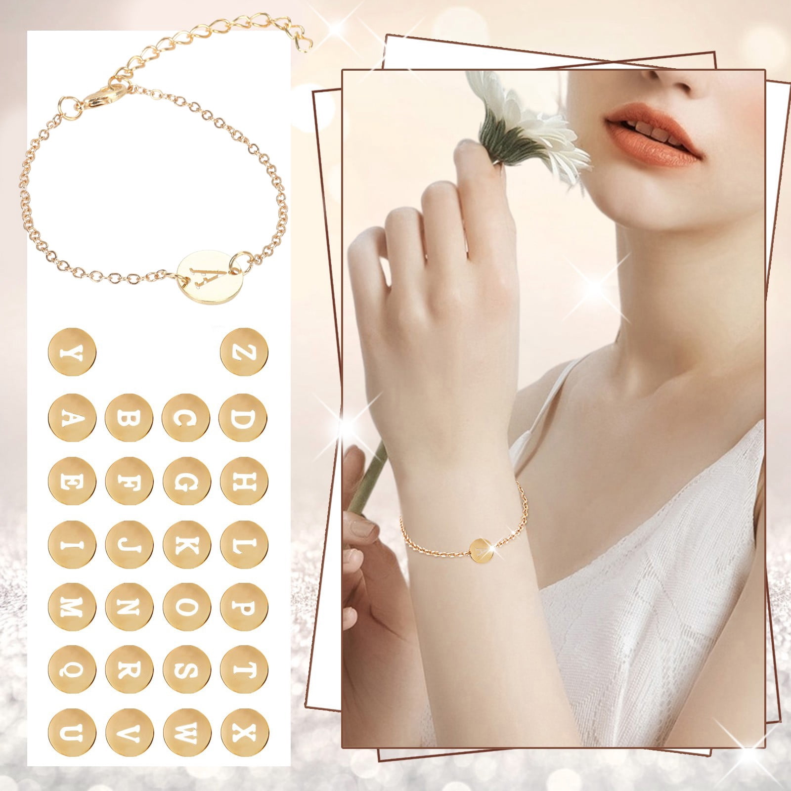Bracelet 1 Gold Plated Stainless Steel Initial Charms Lightweight Disc ...