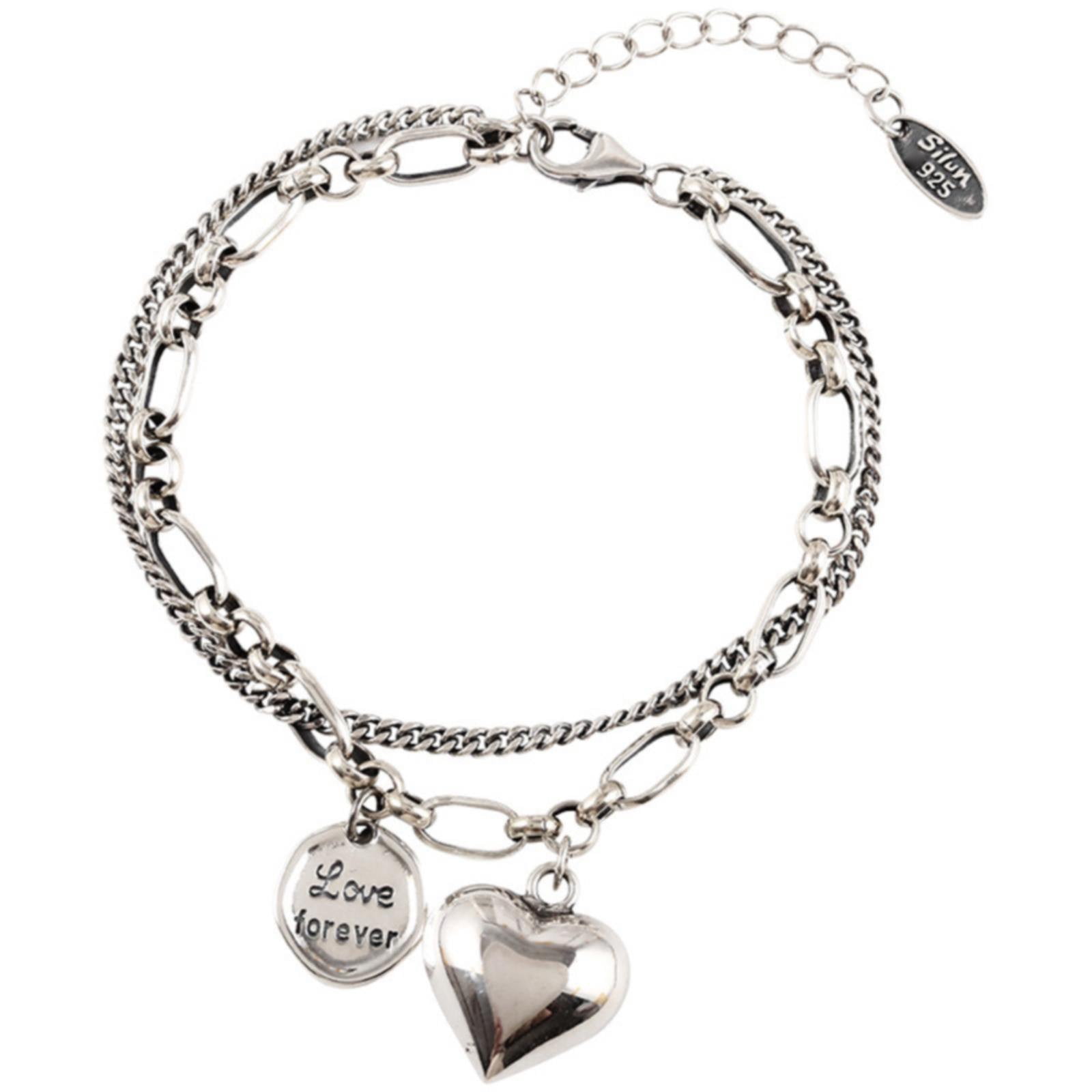 Bracelet Based on Heart Round Piece Double Layer Girlfriends 925 Silver ...
