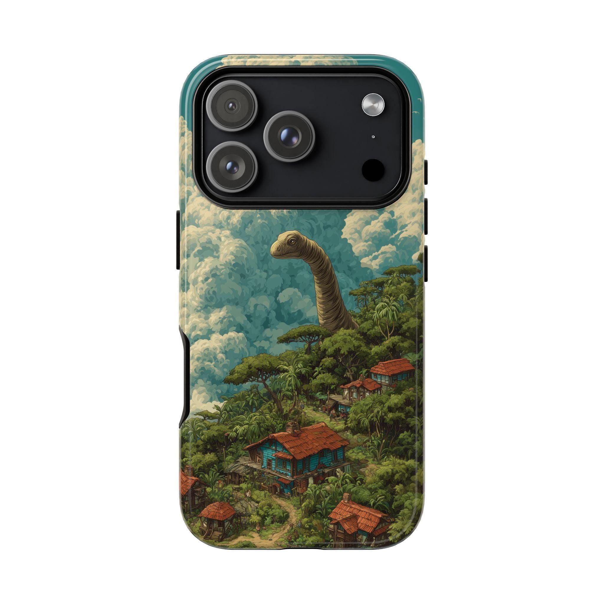 Brachiosaurus Dinosaur Mountain Village Prehistoric Scene Phone Case ...