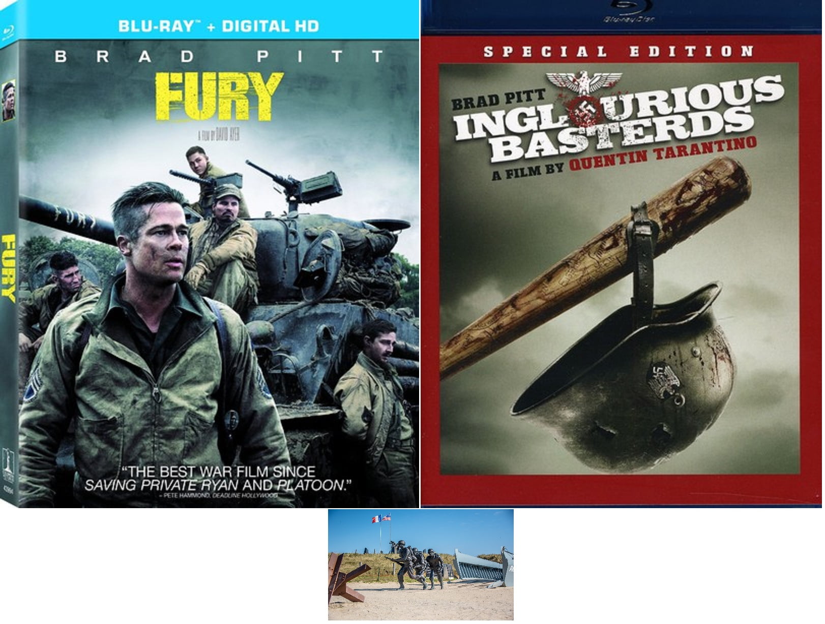 Brad Pitt WWII Blu Ray Double Feature Fury & Inglorious Basterds with Bonus Normandy Memorial ...