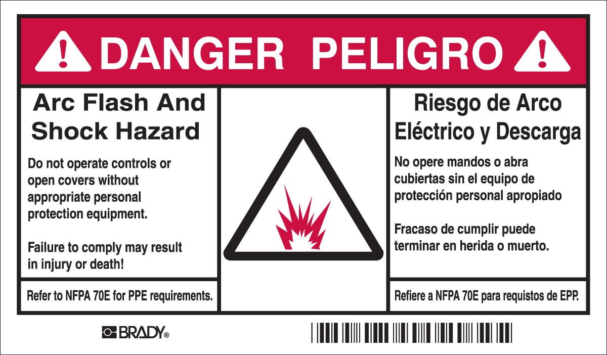 Brady Bilingual Arc Flash & Shock Labels "Danger" - 101955 (Pack of 5 ...