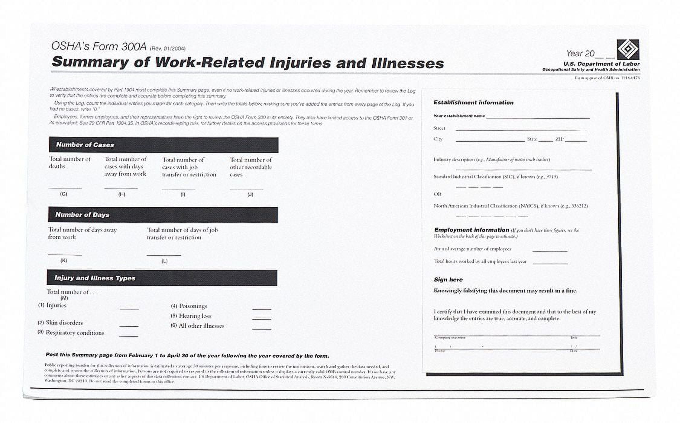 Brady Forms,OSHA 300A Log OR300A - Walmart.com