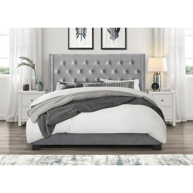 Home Design Brady Upholstered Tufted Wingback Panel Bed Silver Grey ...