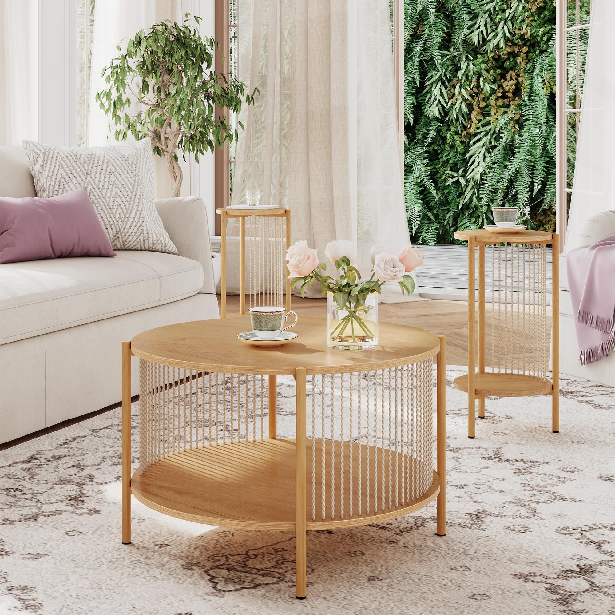 Brafab 3-Piece Coffee Table Set with Natural Fiber Rope for Living Room ...
