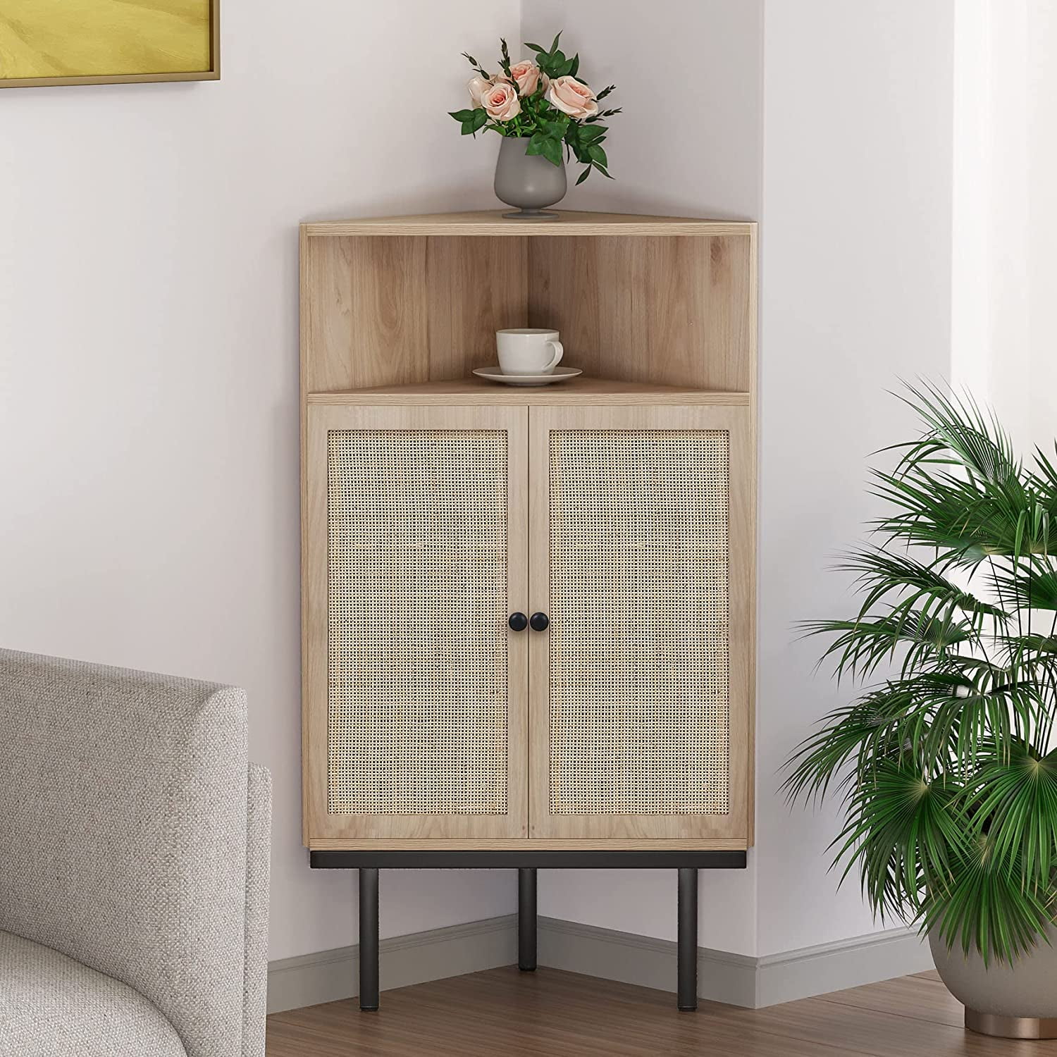 Brafab 39 Inch 4-Tier Corner Cabinet with Two Handmade Natural Rattan ...