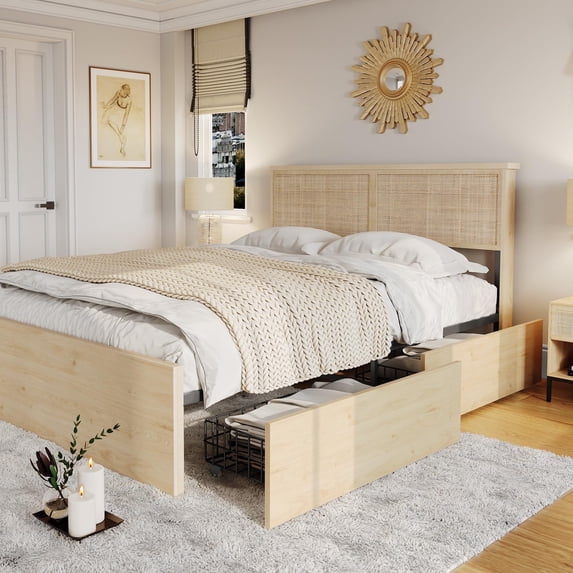Brafab Natural Rattan Full Size Bed Frame with Wooden Headboard and 4 ...