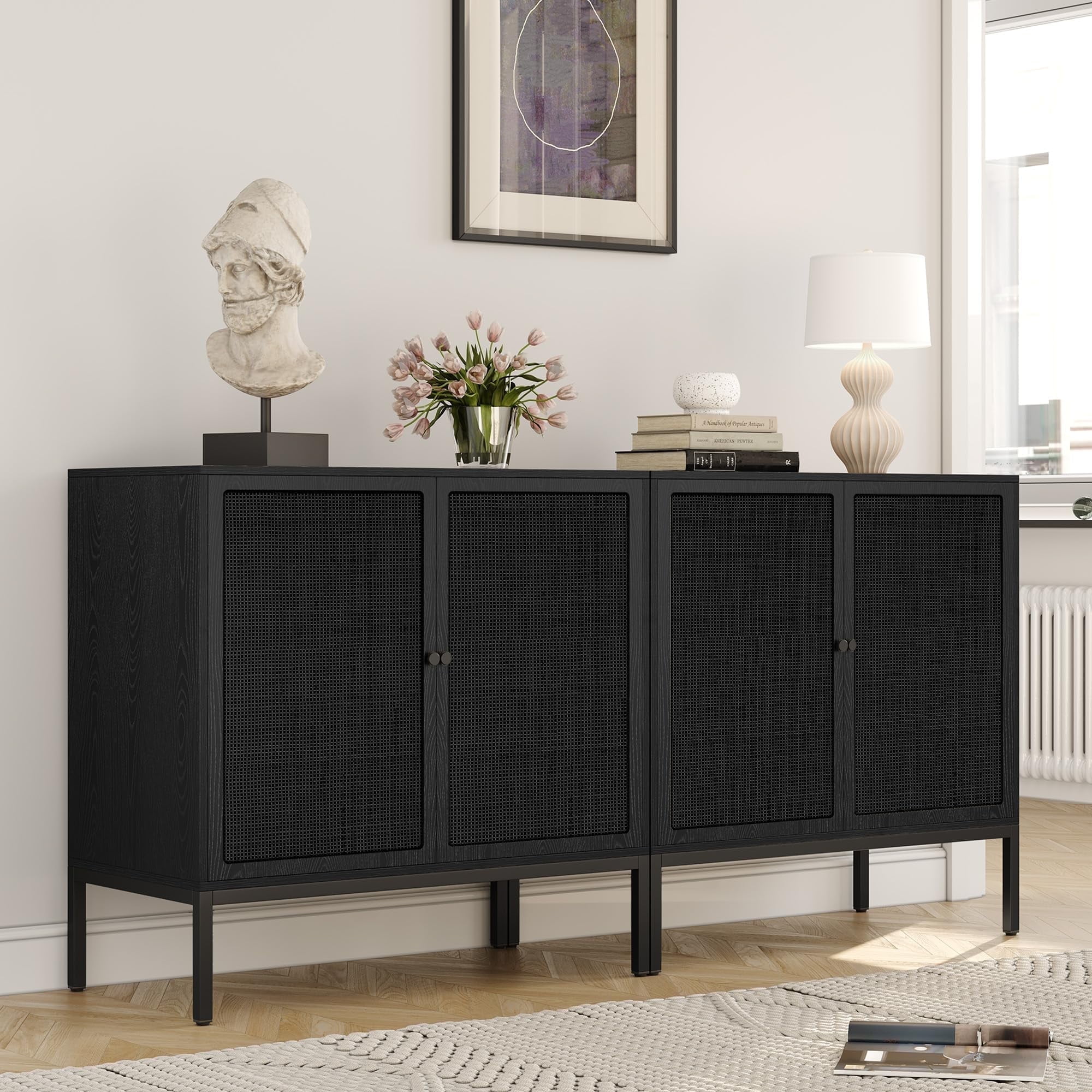 Brafab Farmhouse Sideboard Cabinet with Rattan Doors, 63 inch, 2-Pack ...