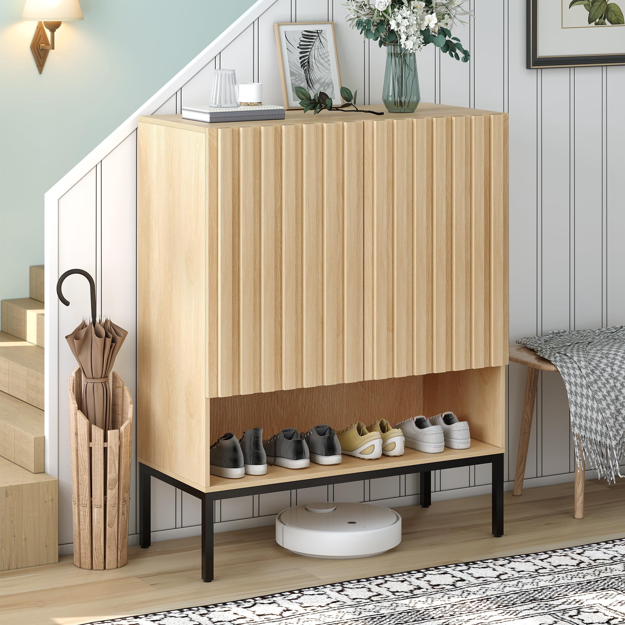 Brafab 5-Tier Shoe Cabinet, Adjustable Shelf, Fluted Panel Doors, Oak ...