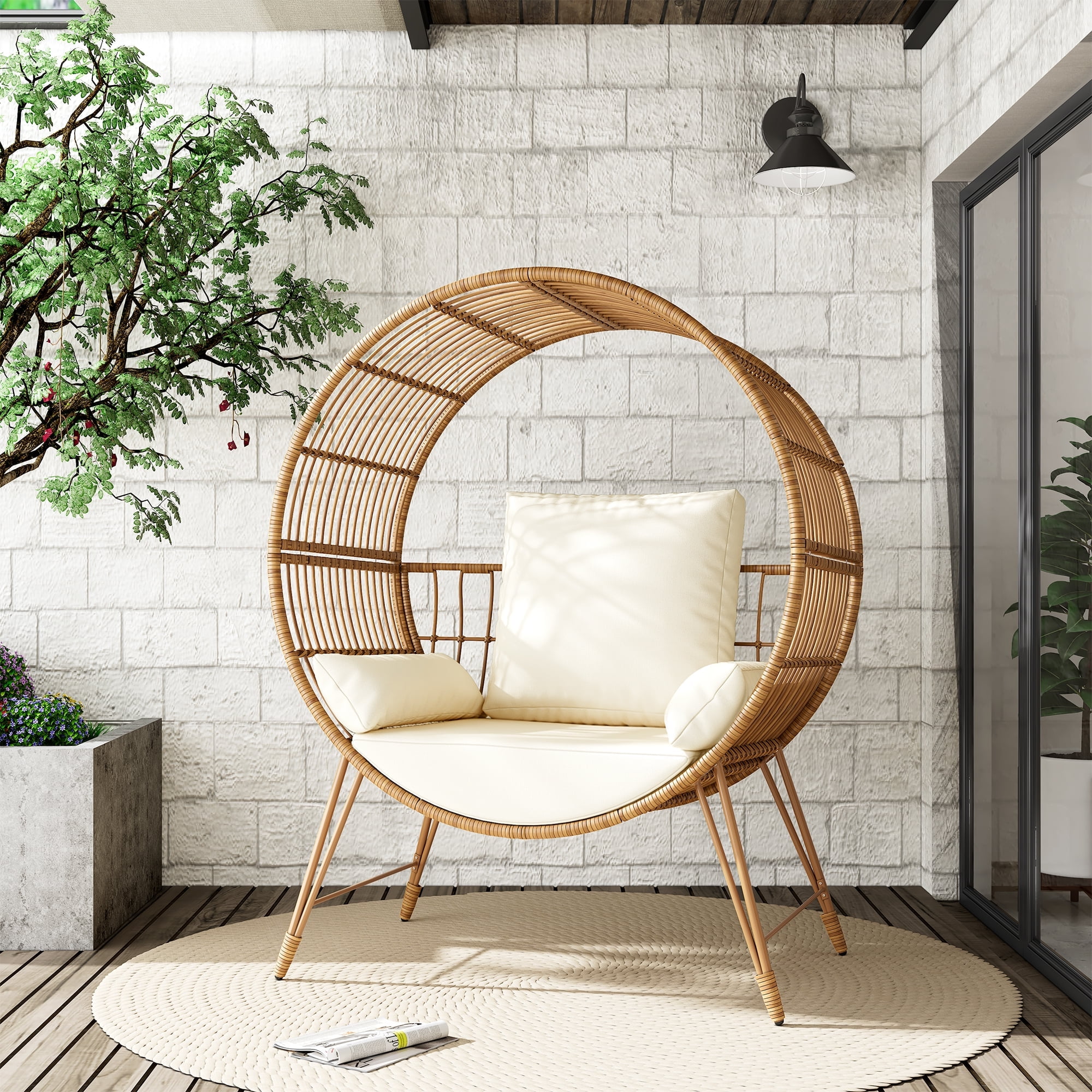 Brafab Wicker Round Egg Chair Patio Lounger with Steel Frame,350lb ...