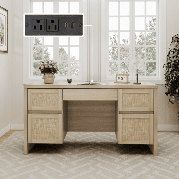 Brafabhome 57" Rattan Executive Desk with 5 Storage Drawers, Modern ...